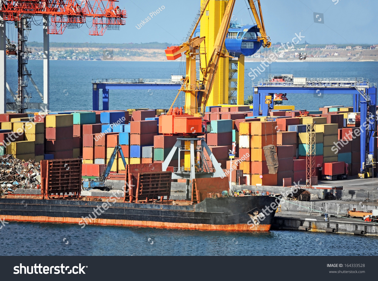 Container Stack Ship Under Crane Bridge Stock Photo 164333528 ...