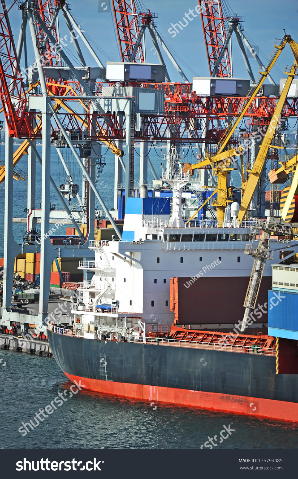 Container Stack Ship Under Crane Bridge Stock Photo 176799485 ...