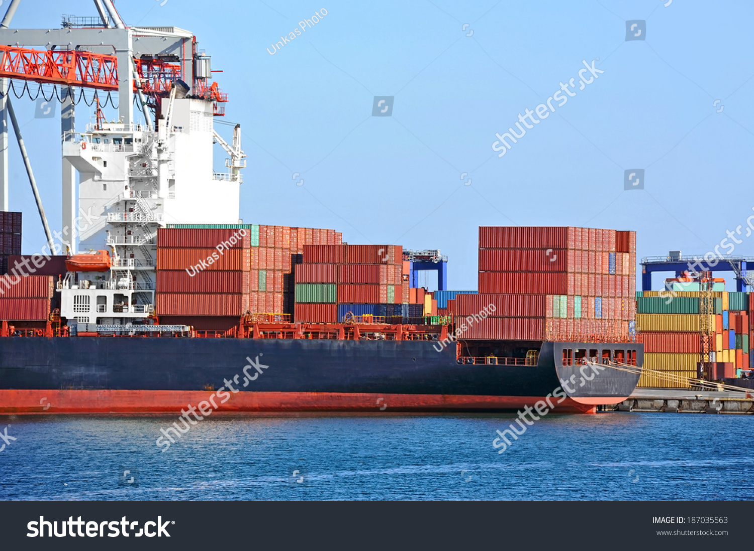 Container Stack Ship Under Crane Bridge Stock Photo 187035563 ...