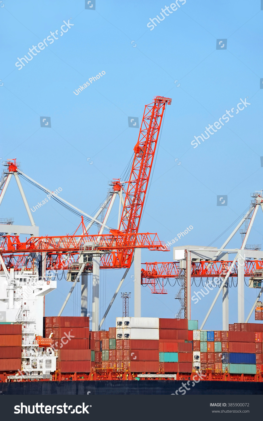 Container Stack Ship Under Crane Bridge Stock Photo 385900072 ...