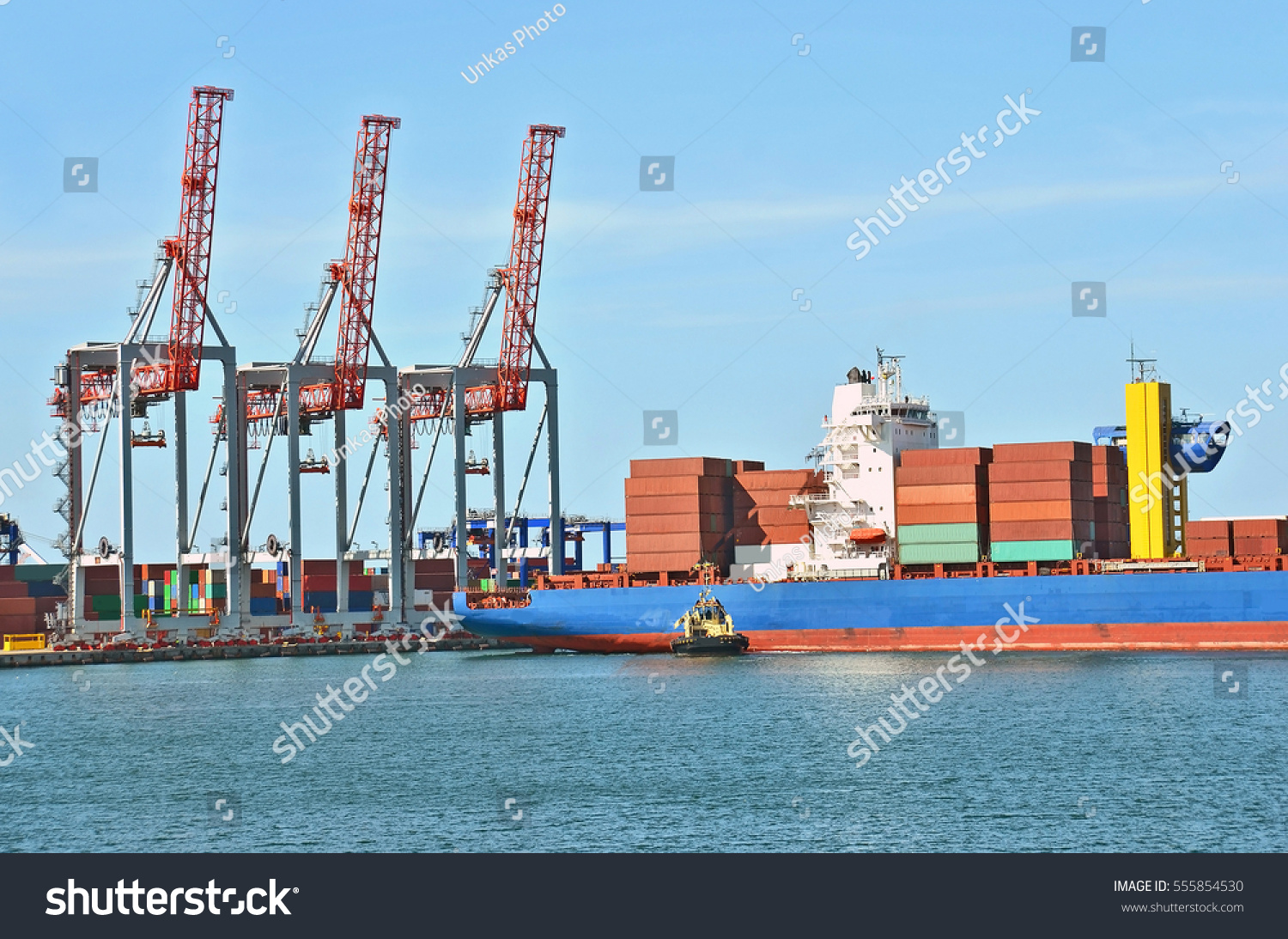 Container Stack Ship Under Crane Bridge Stock Photo 555854530 ...