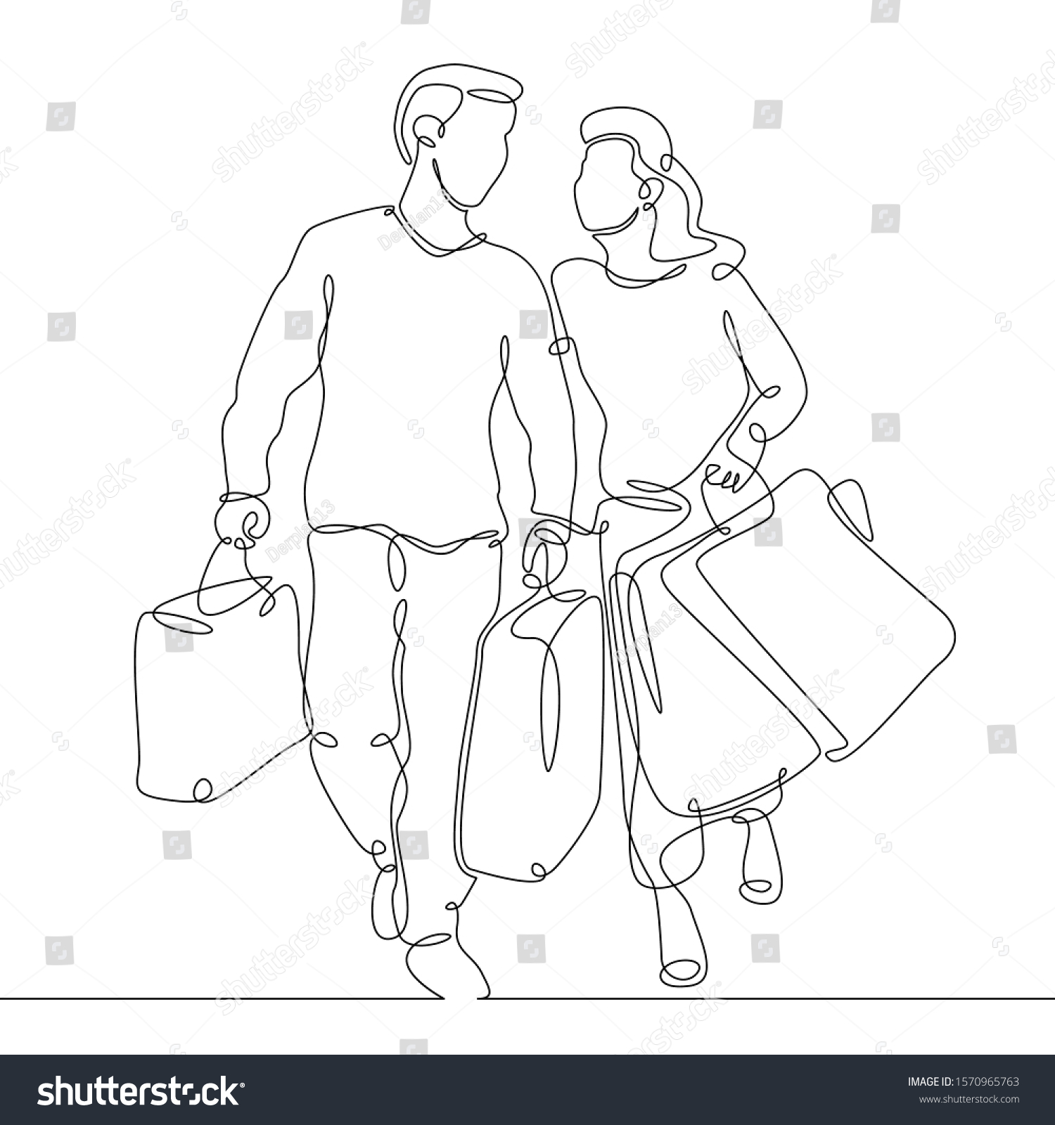 Continuous Line Drawing Man Woman Shopping Stock Illustration