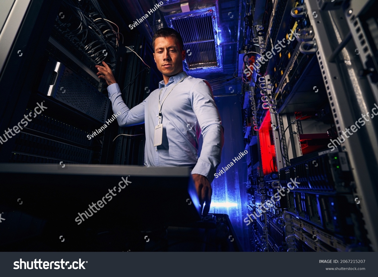 Data Center Engineer Setting Network Infrastructure Stock Photo ...
