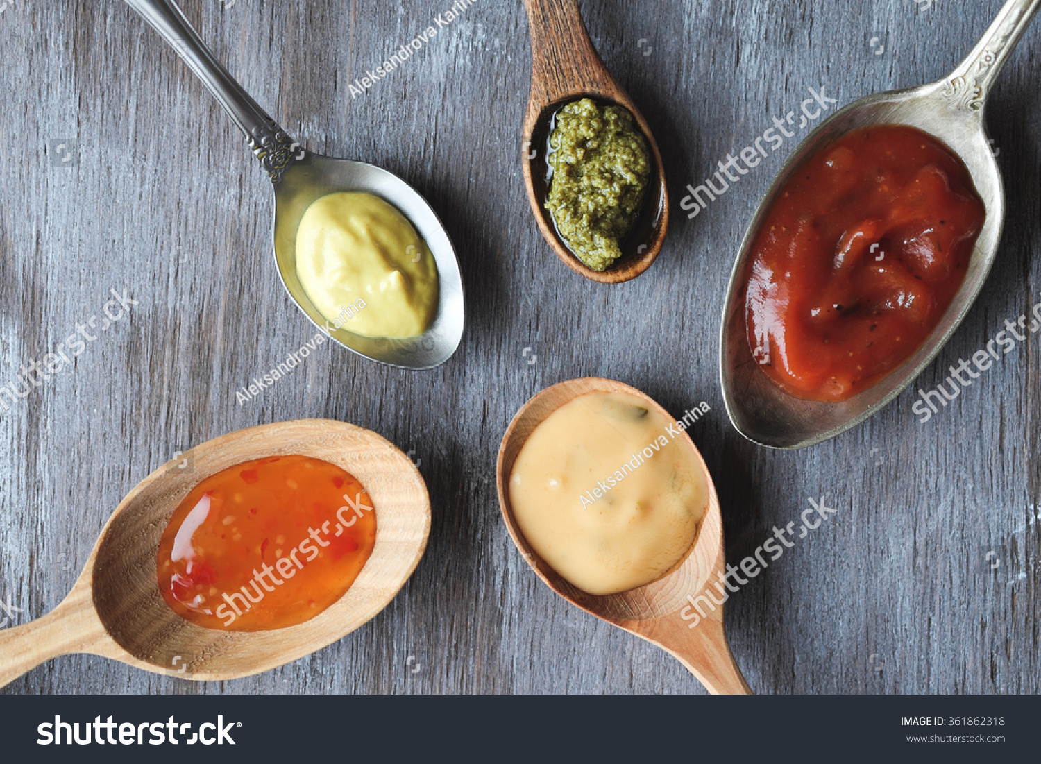 Different Sauces Spoons On Wooden Table Stock Photo (Edit Now) 361862318 Different Sauces Spoons On Wooden Table Stock Photo (Edit Now) 361862318