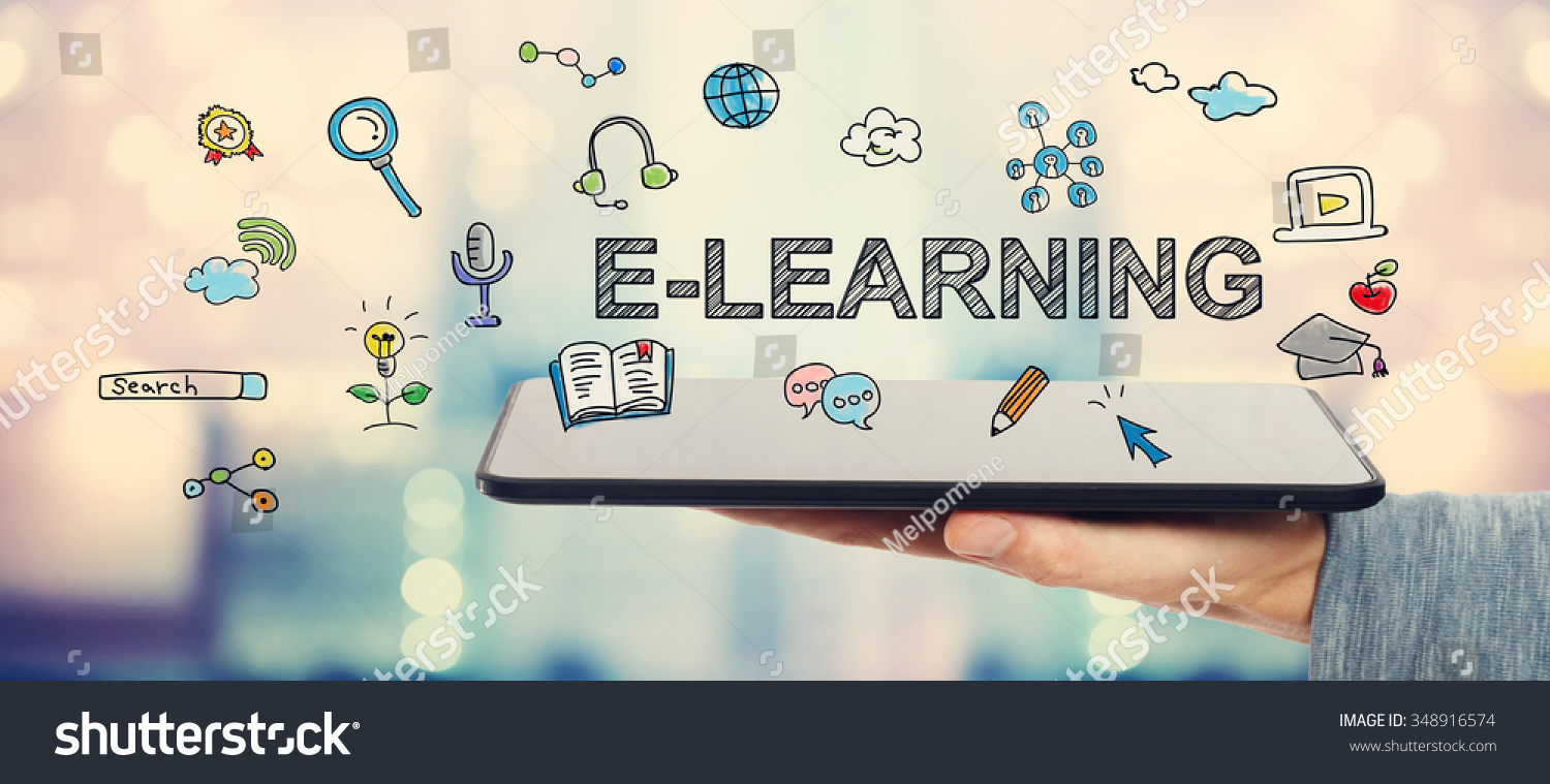 Elearning Concept Man Holding Tablet Computer Stock Photo 348916574 ...