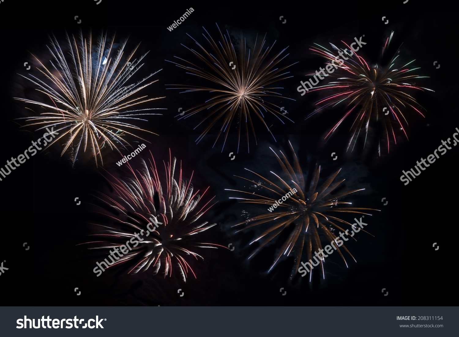Fireworks Compilation On Solid Black Background 스톡 사진 208311154 ...