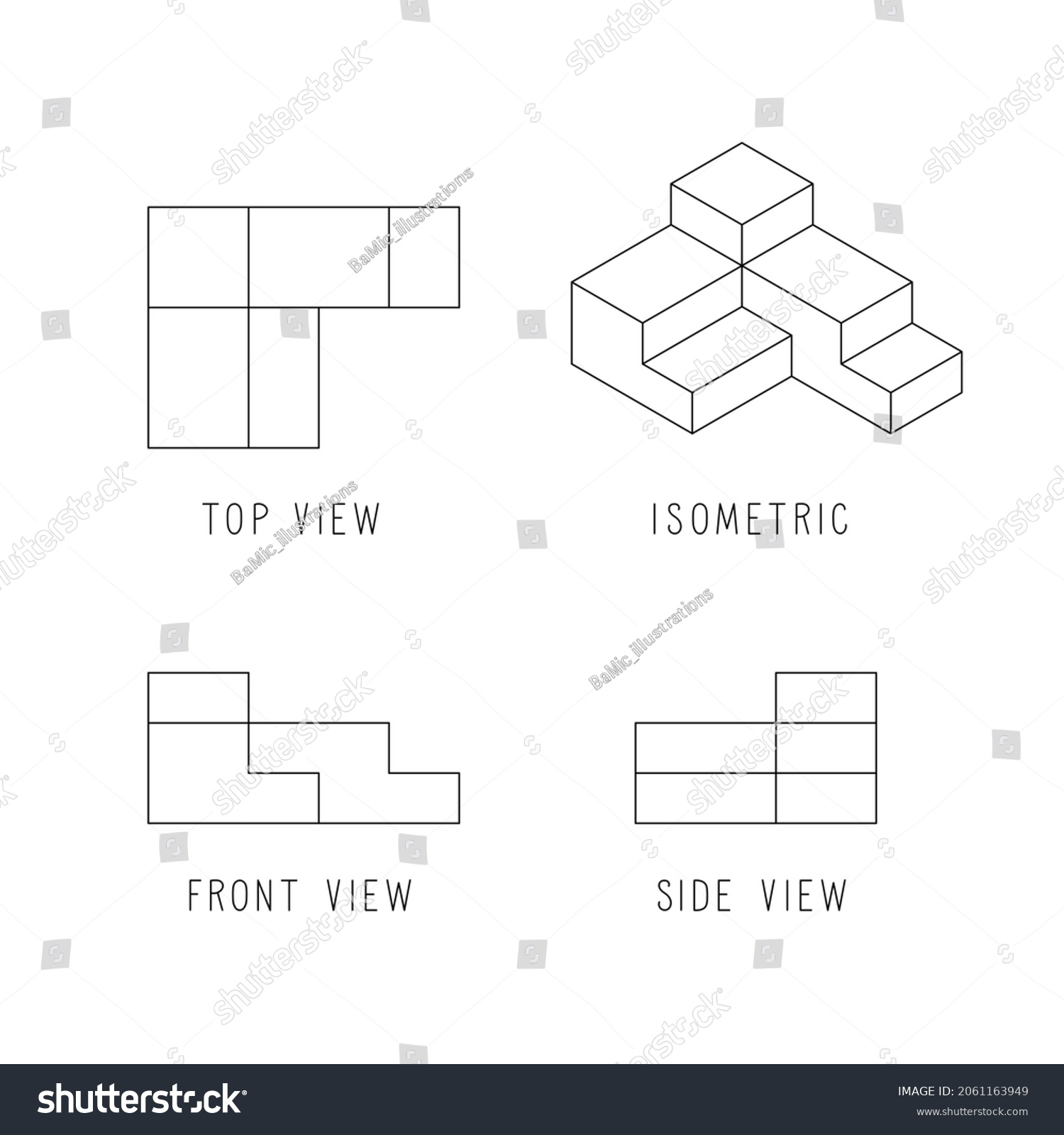 Multiview Orthographic Projection Isometric Drawing Black Stock ... Multiview Orthographic Projection Isometric Drawing Black Stock ...