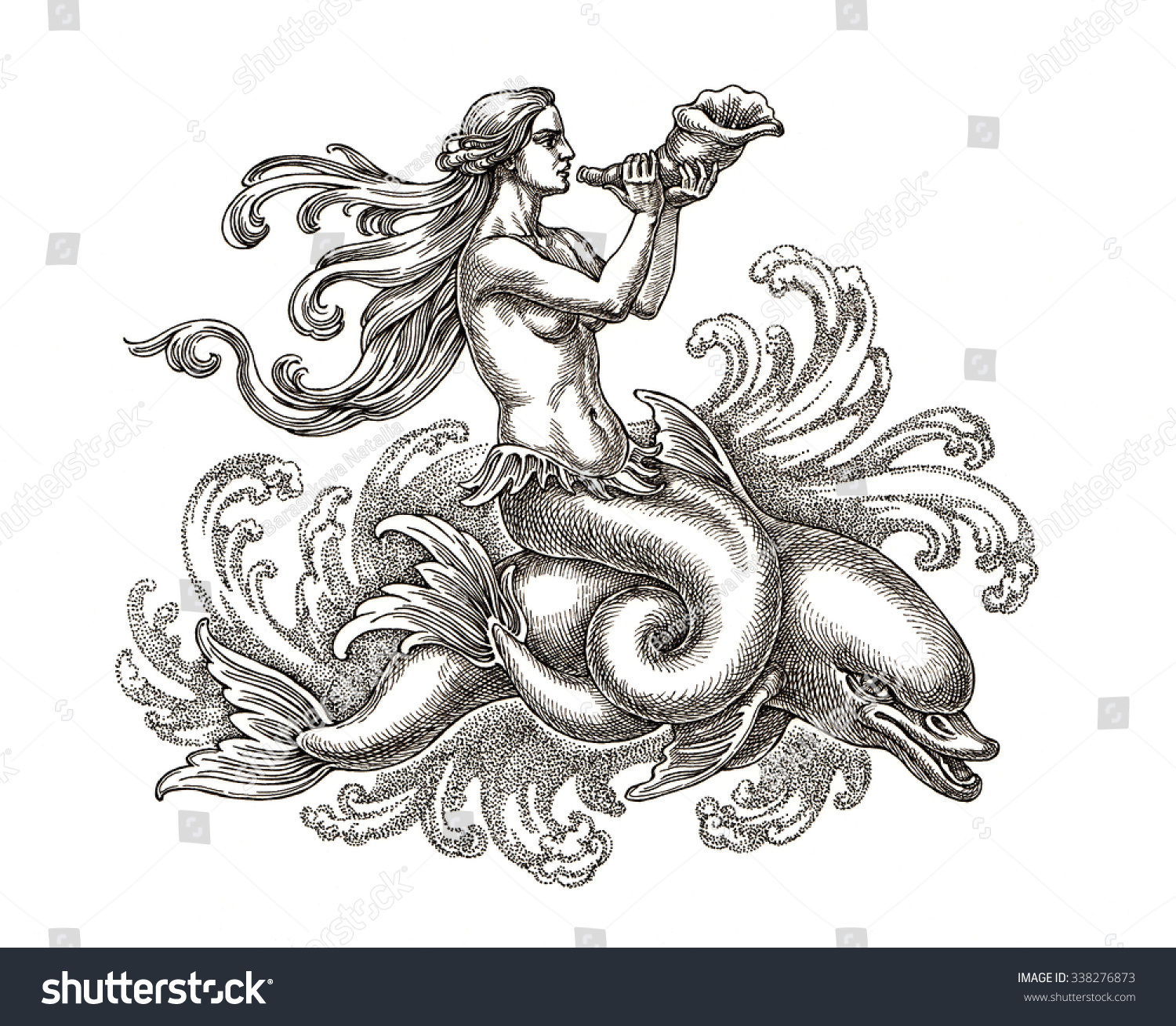 Original Ink Pen Drawing Mermaid Dolphin Stock Illustration 338276873