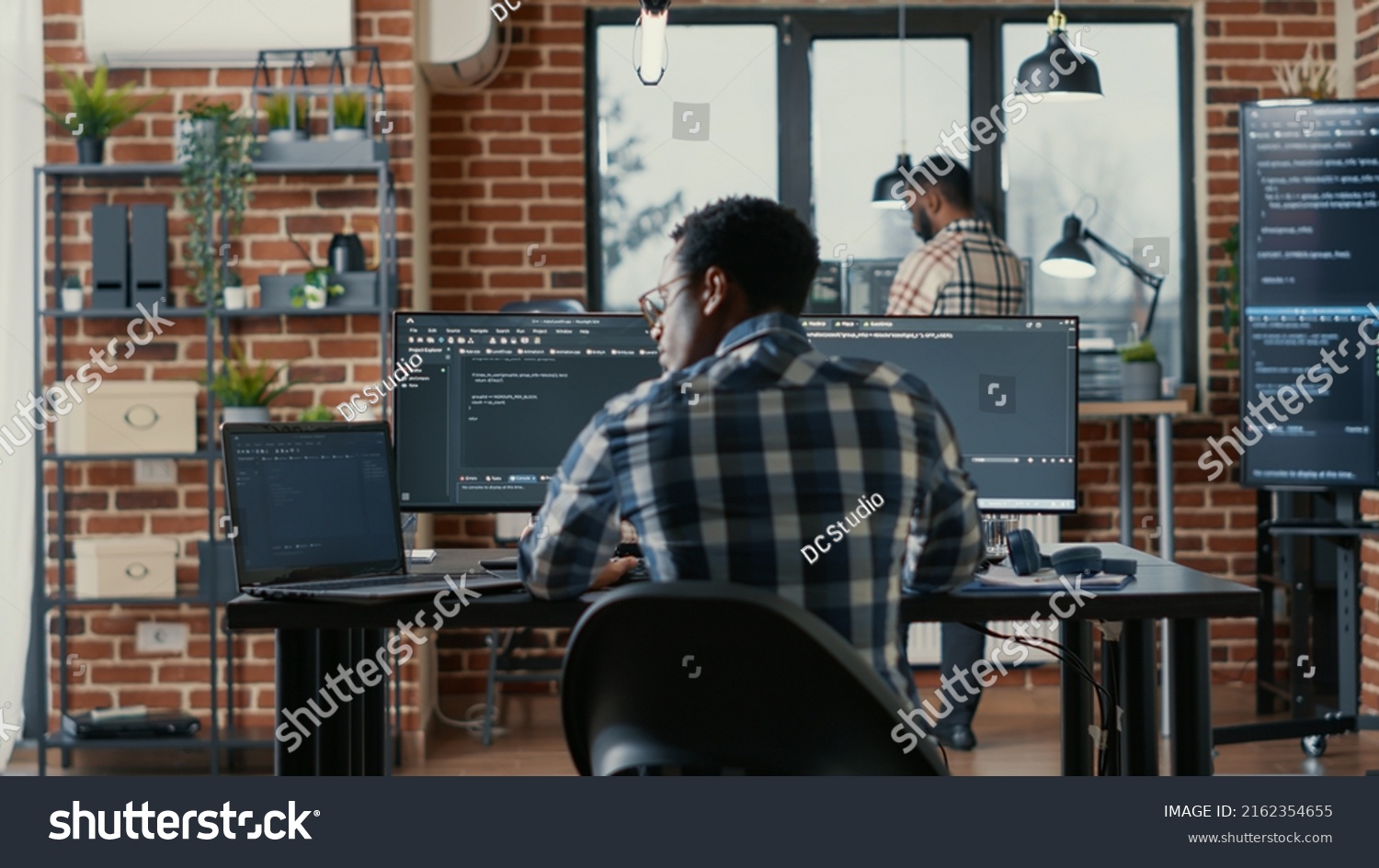 Programer Coding On Laptop Sitting Down Stock Photo 2162354655 ...