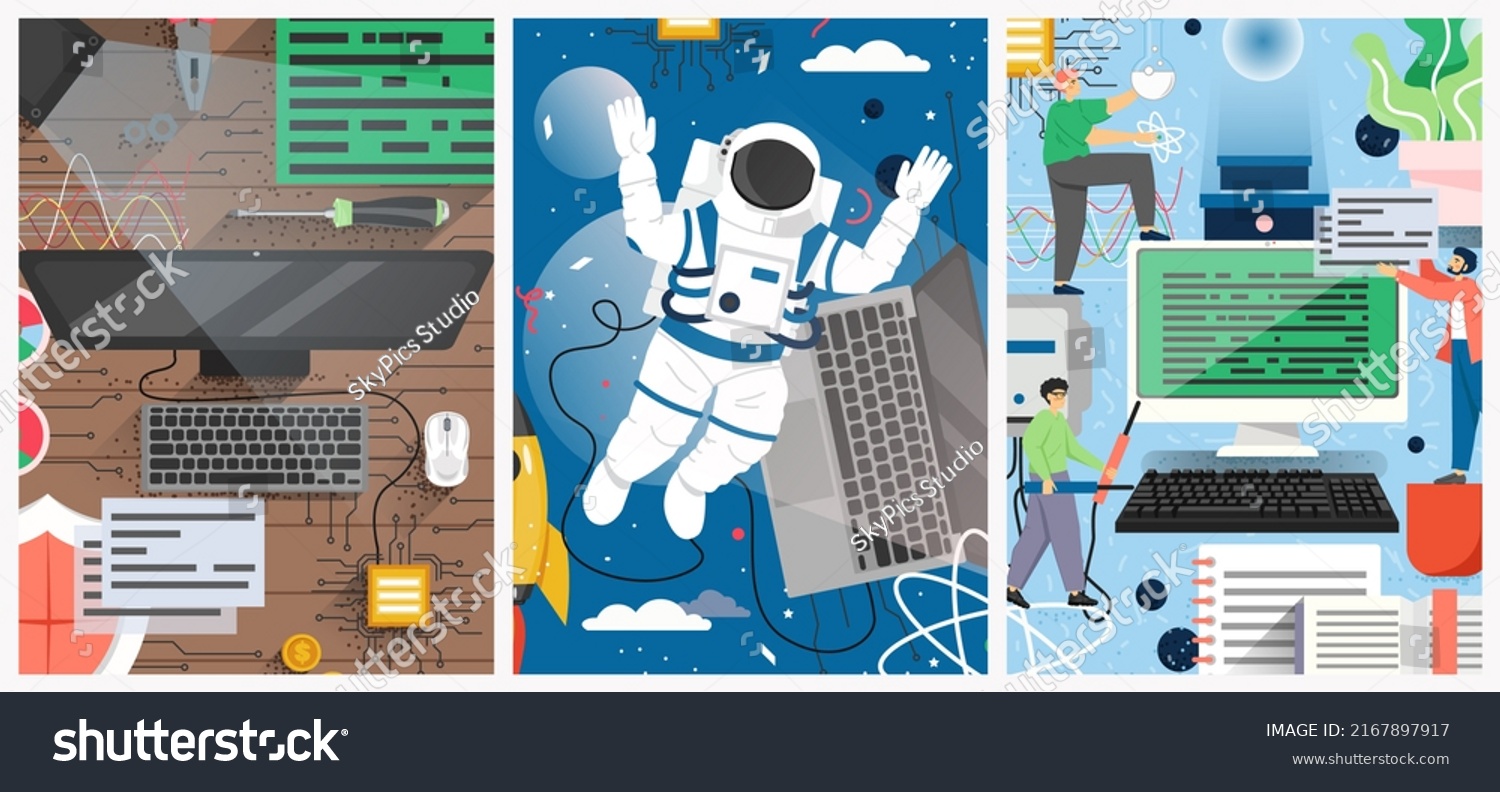 Quantum Computing Technology Poster Template Set Stock Illustration ...