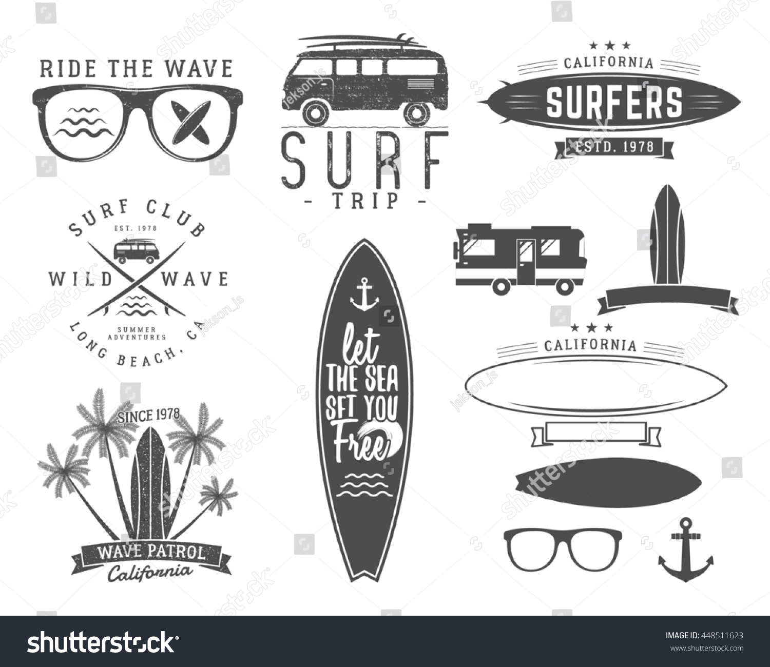 Set Vintage Surfing Graphics Emblems Web Stock Illustration 448511623 Set Vintage Surfing Graphics Emblems Web Stock Illustration 448511623