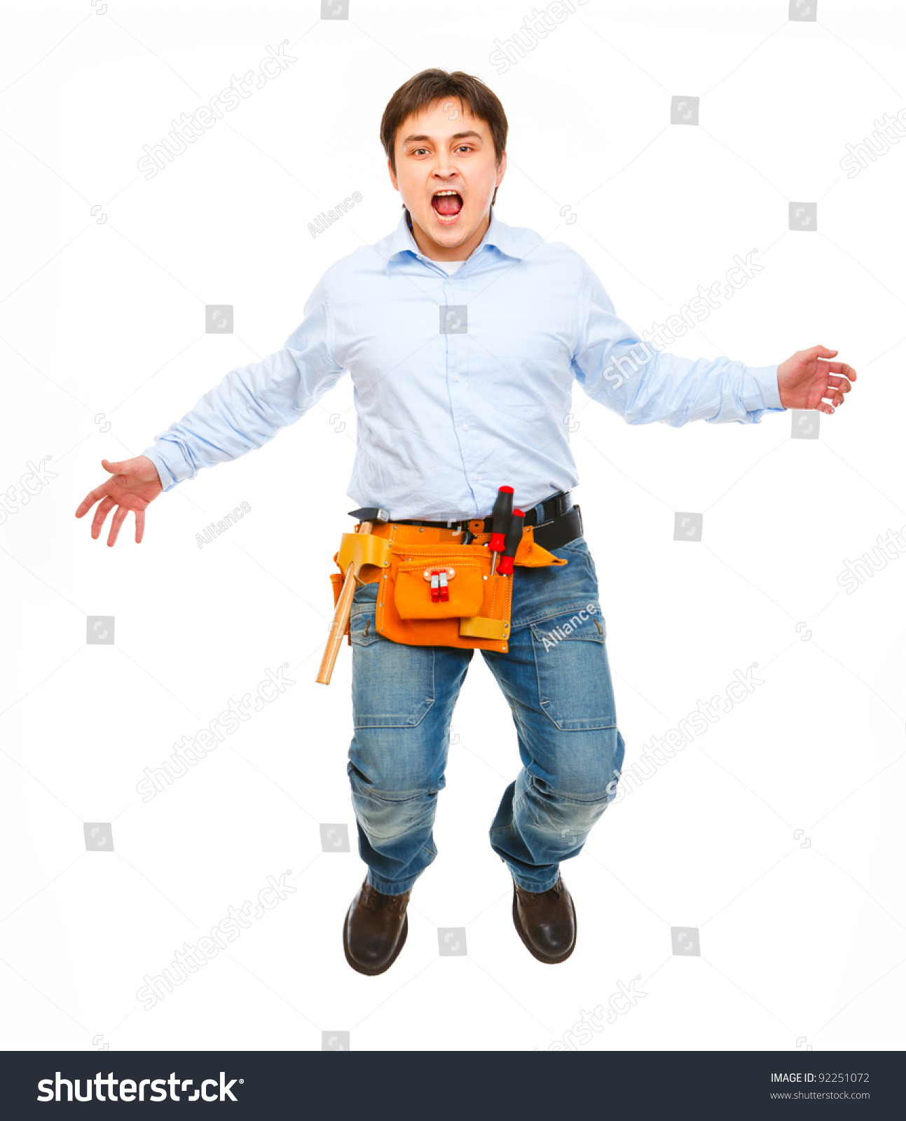 Shouting Construction Worker Jumping Stock Photo (Edit Now) 92251072