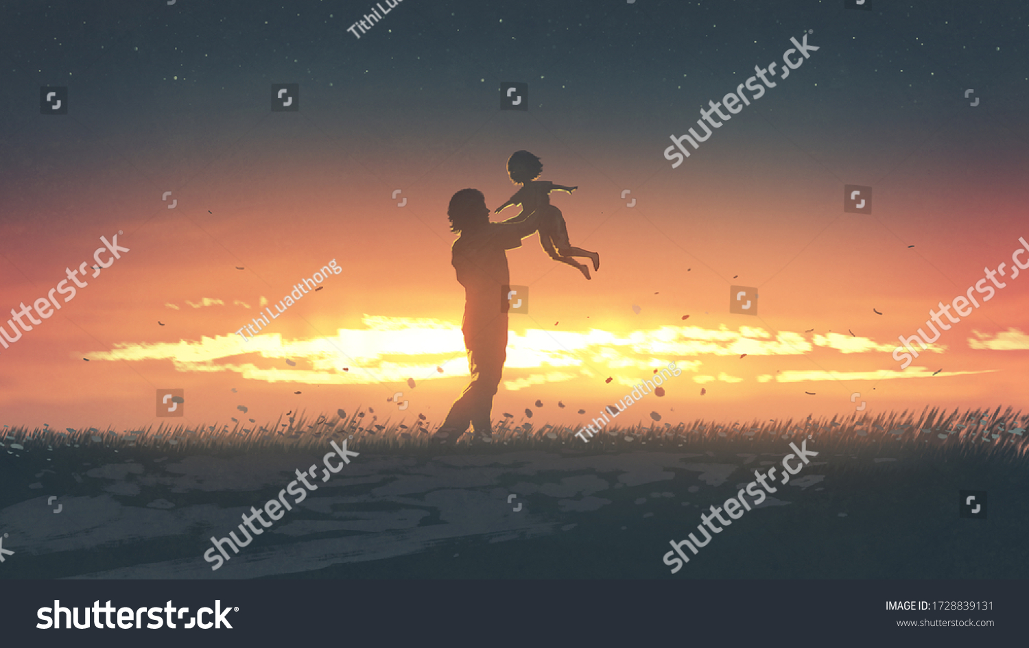 Silhouette Father Carring His Daughter Sunset Stock Illustration