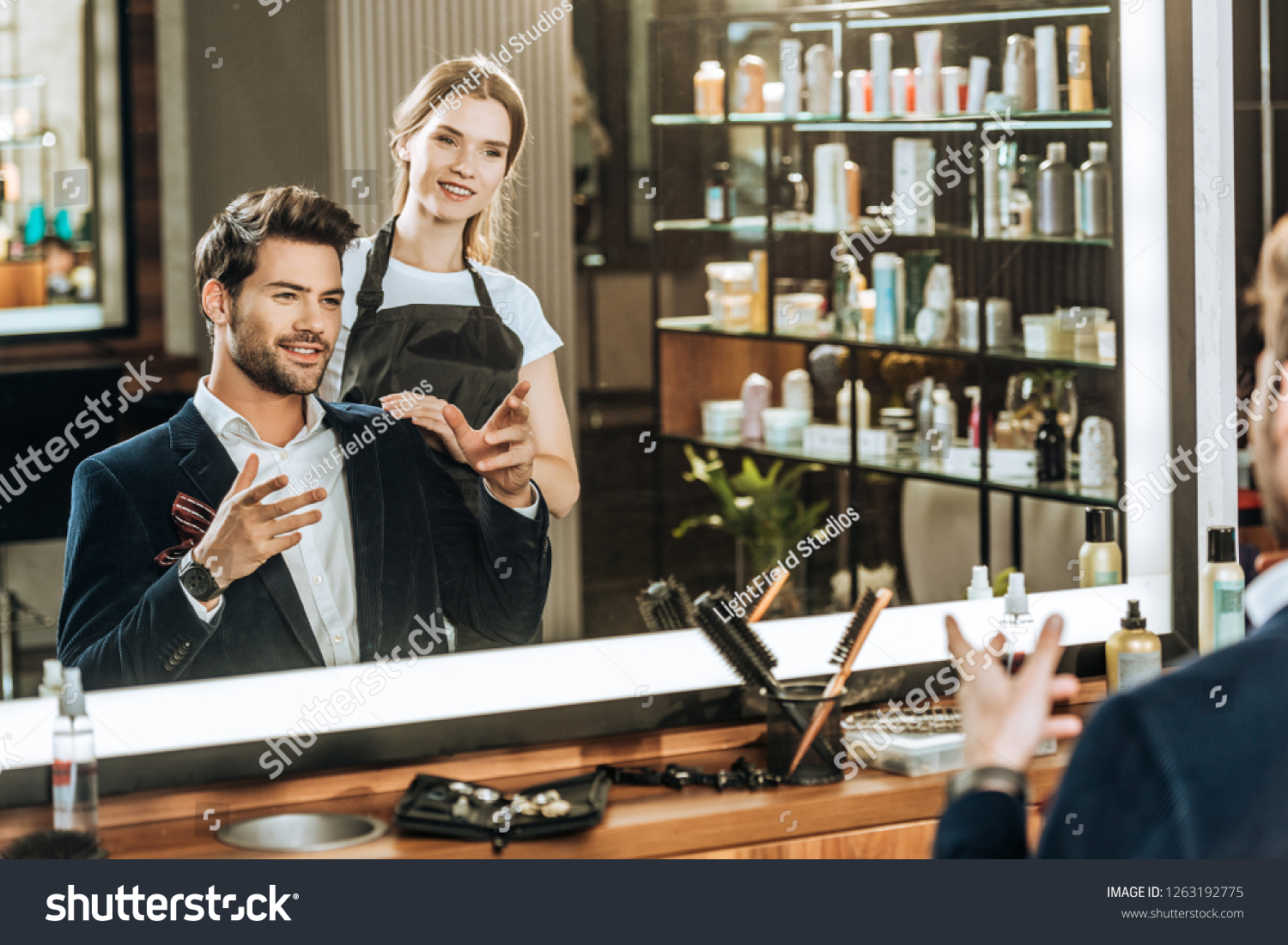 Smiling Young Hairstylist Male Client Looking Stock Photo 1263192775 ... Smiling Young Hairstylist Male Client Looking Stock Photo 1263192775 ...