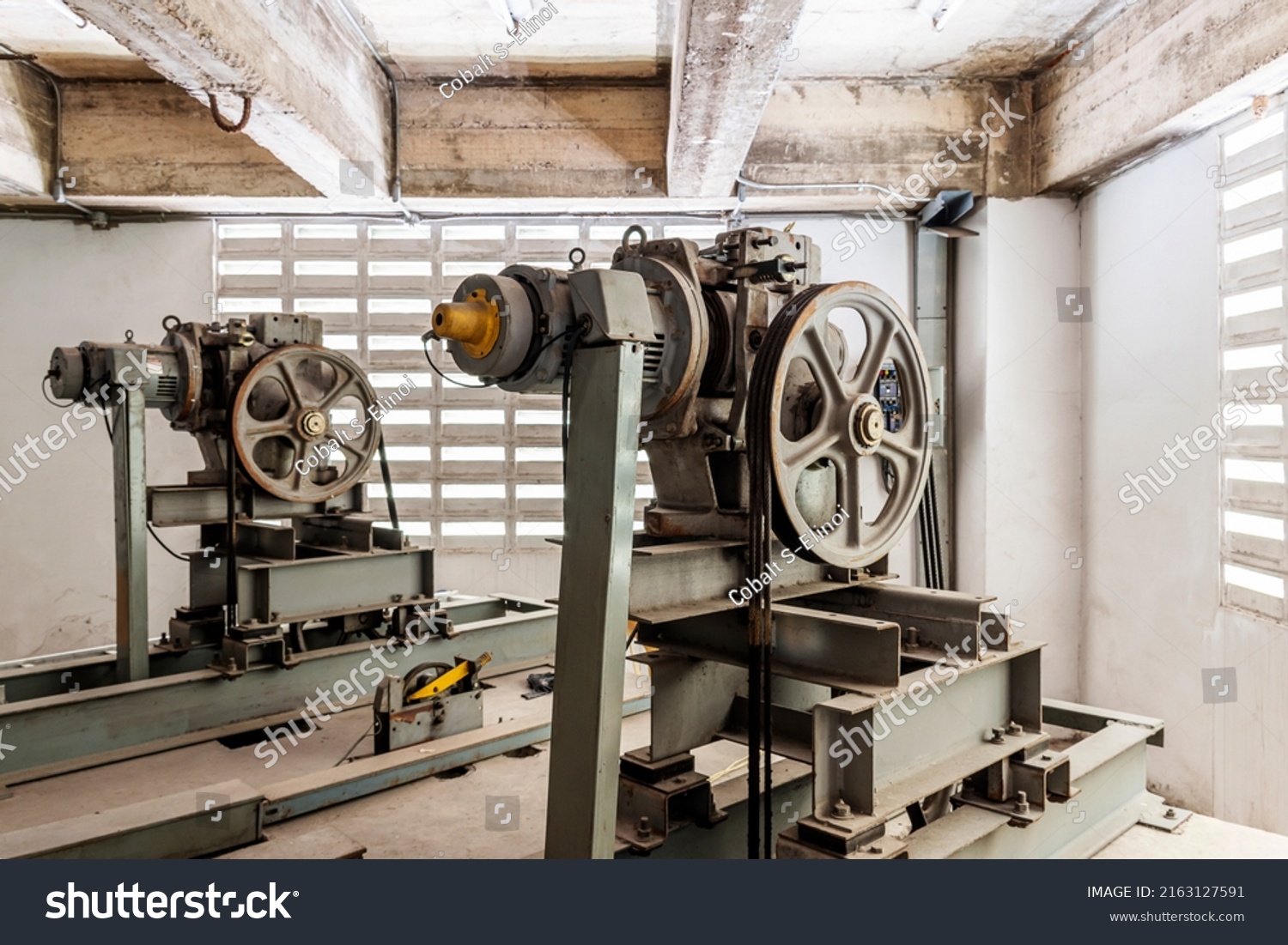 Two Elevator Motor Elevator Engine Room Stock Photo 2163127591 ...