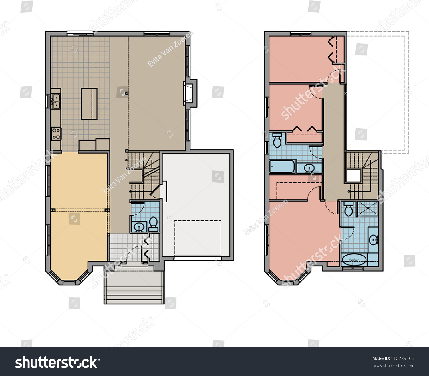 Two Storey Floor Plan Colored Stock Illustration 110239166