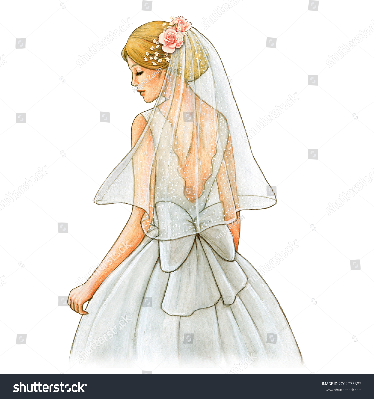 Watercolor Bride Illustration White Gown Veil Stock Illustration
