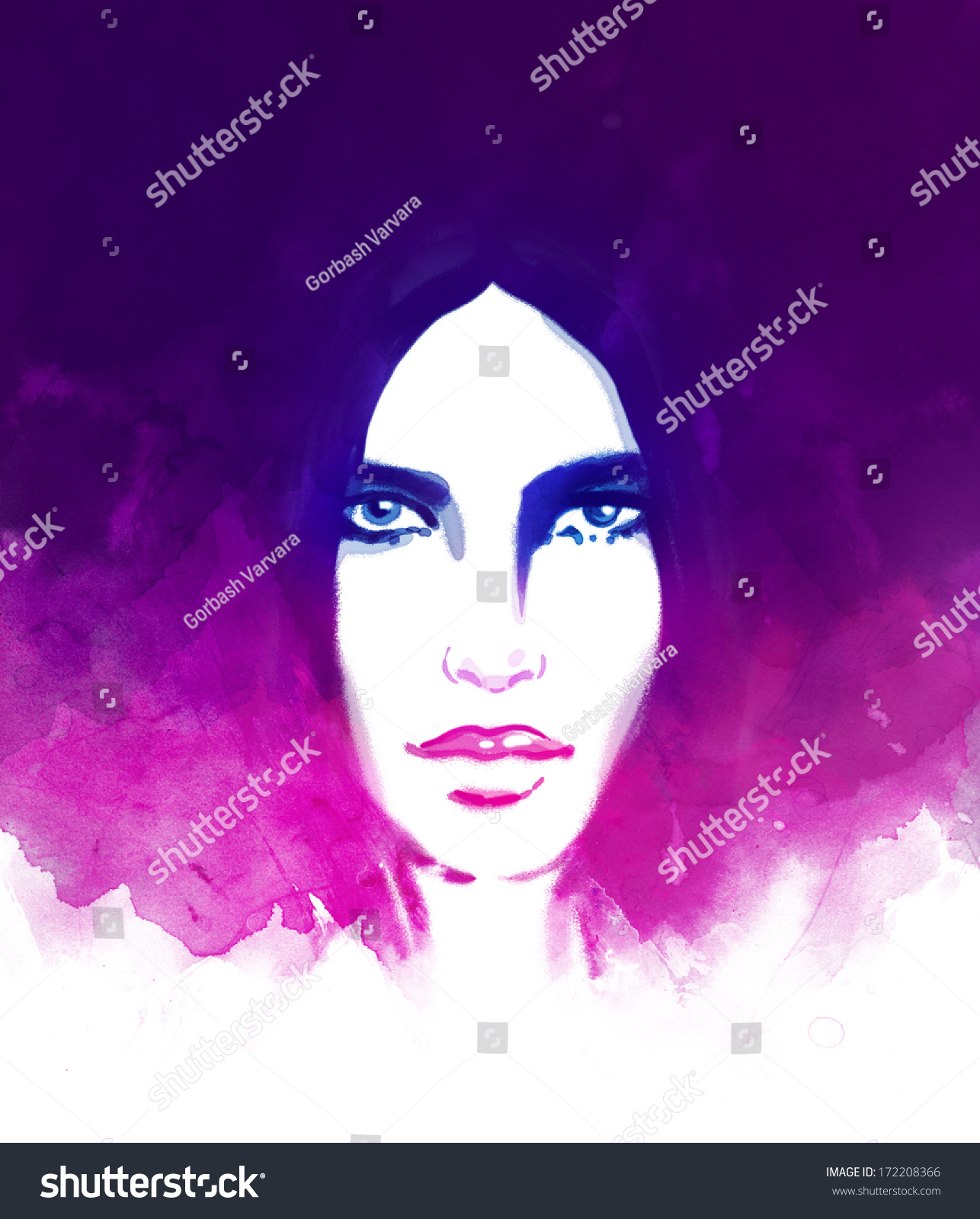 Woman Face Watercolor Fashion Illustration ภาพประกอบสต็อก 172208366