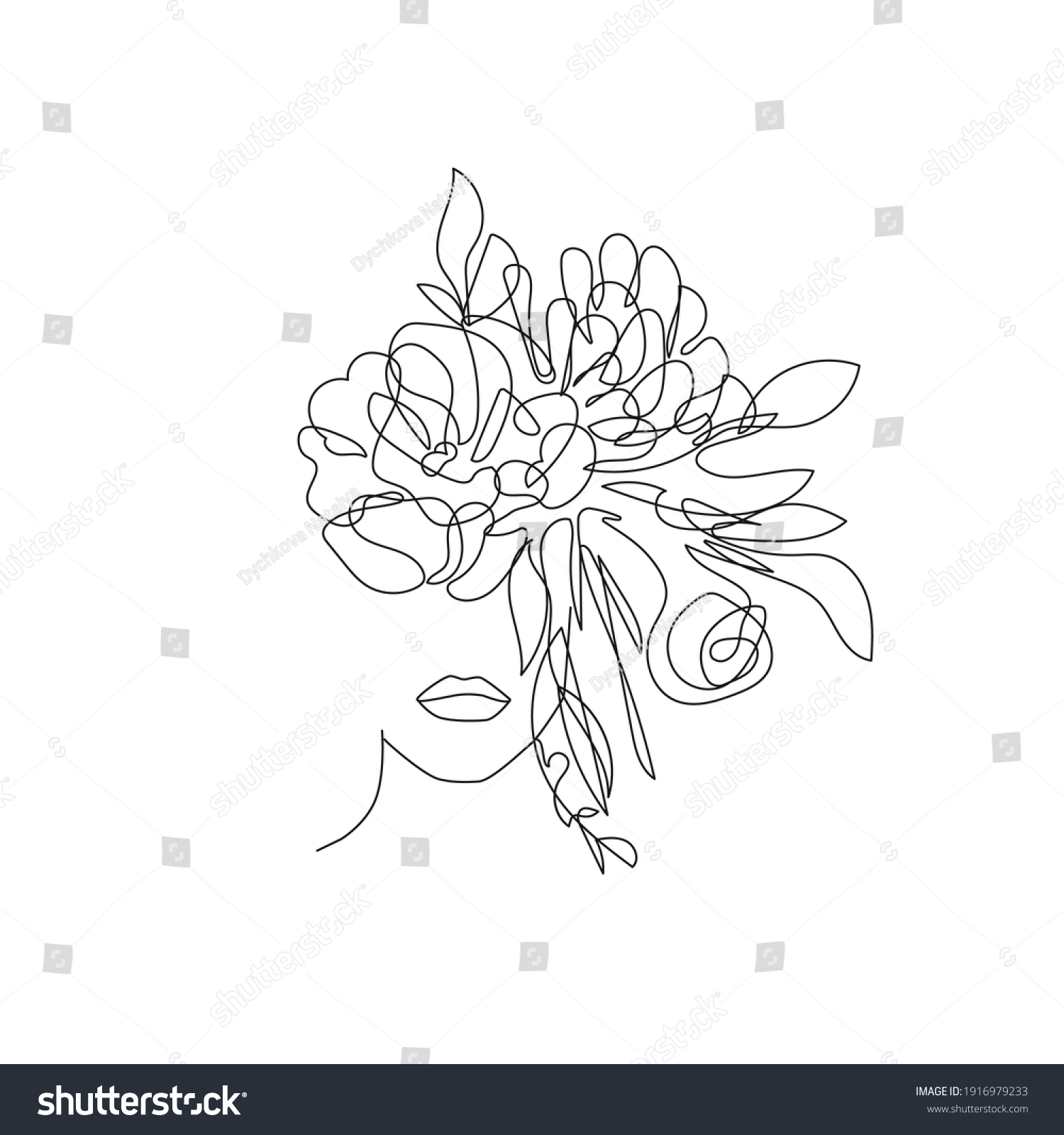 Woman Head Flowers Continuous Line Drawing Stock Illustration