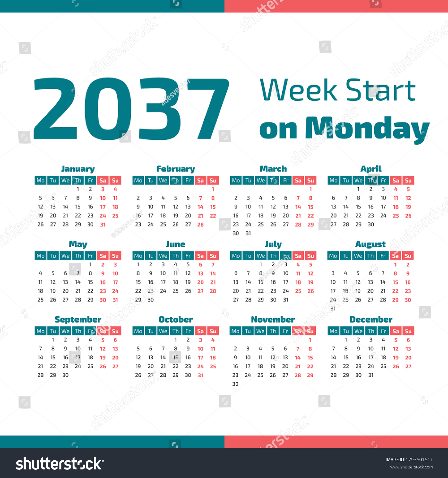 2037 Calendar Weeks Start On Monday Stock Vector (Royalty Free) 1793601511