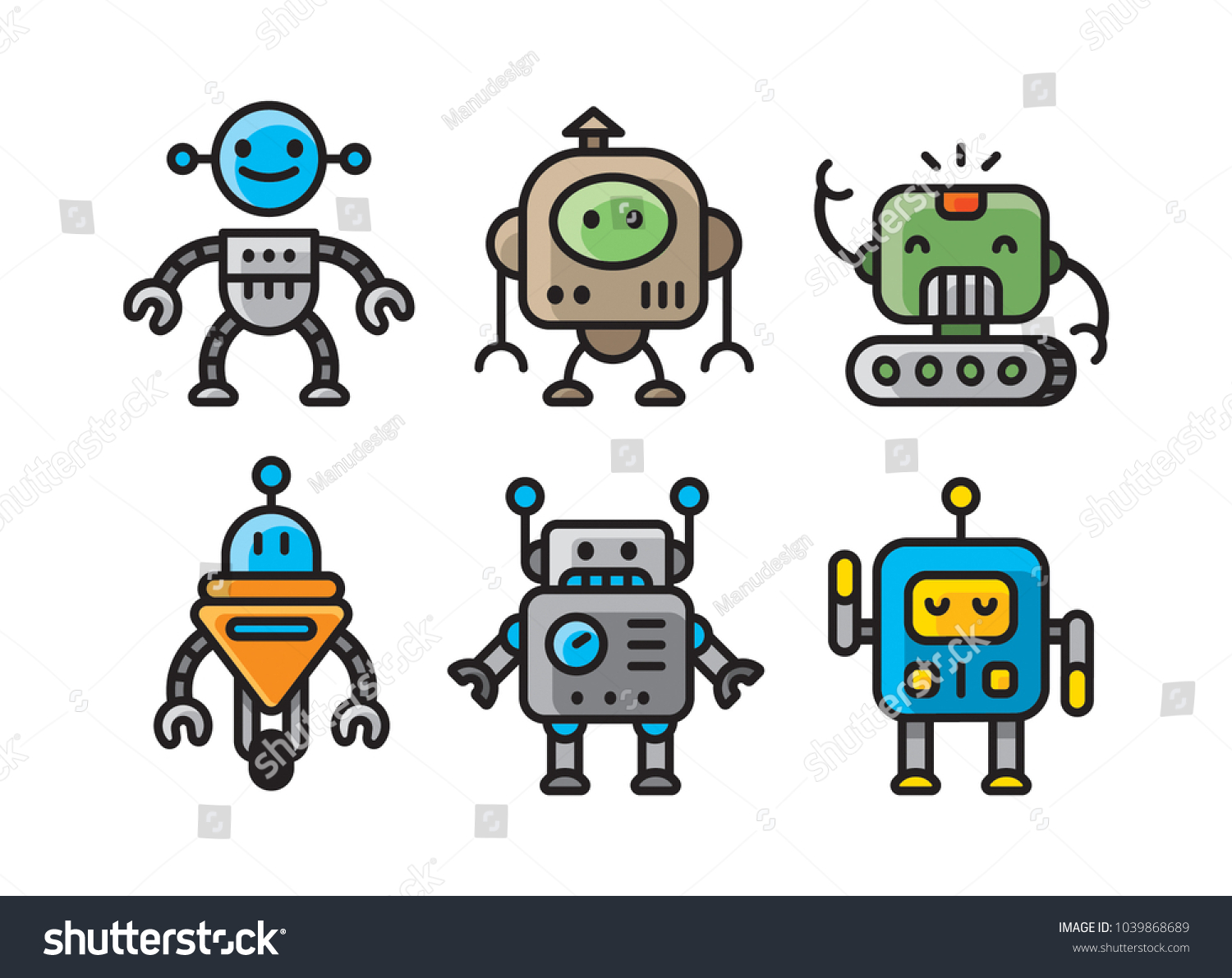 6 Cute Cartoon Robot Mascot 100: vetor stock (livre de direitos ...