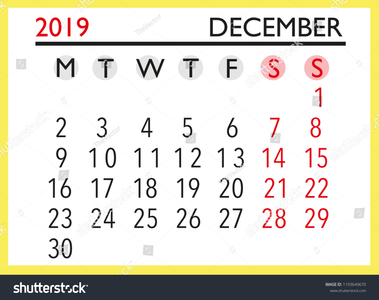 2019 December Monthly Calendar Vector Stock Vector (Royalty Free ...