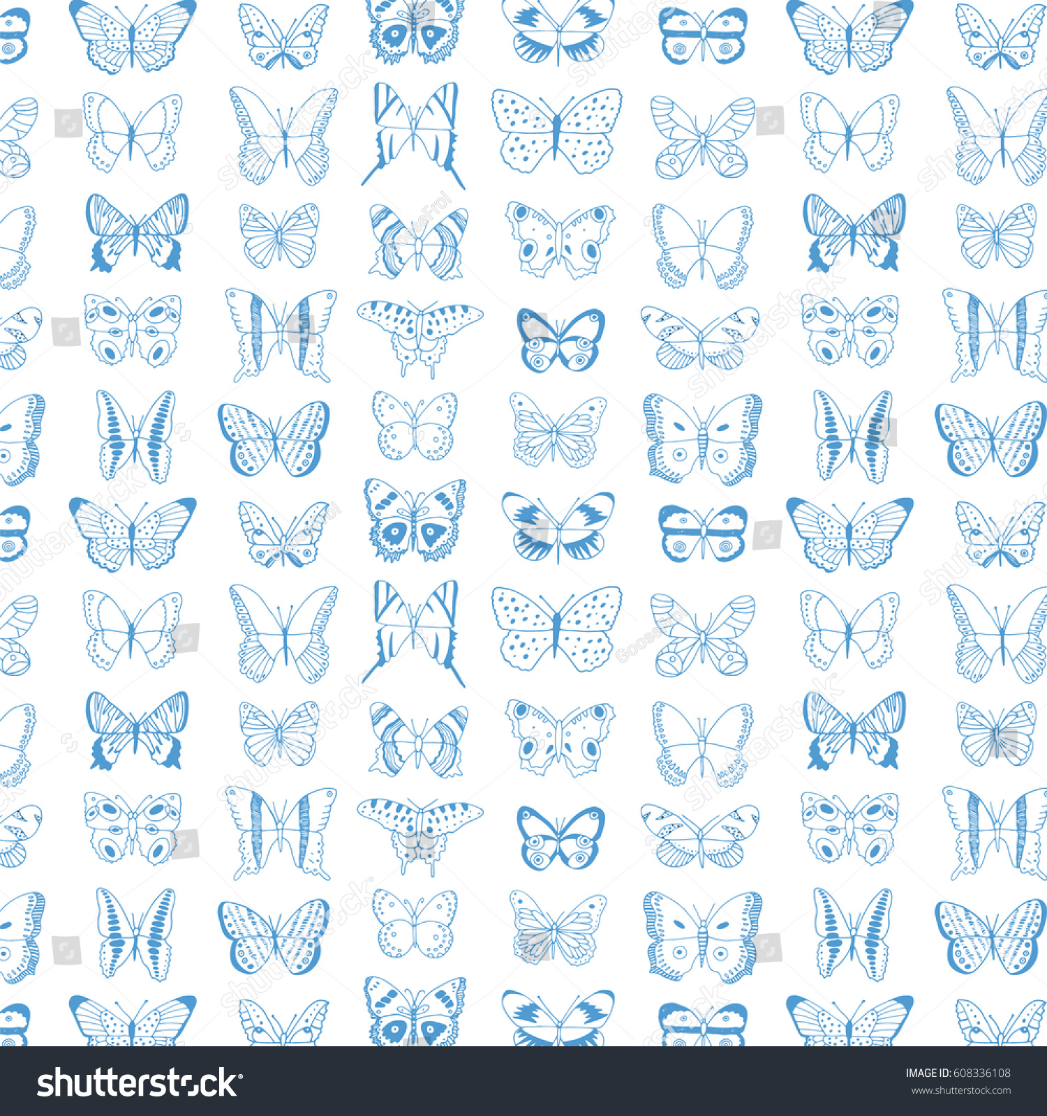 Decorative Hand Drawn Butterflies Line Pattern Stock Vector (Royalty ...