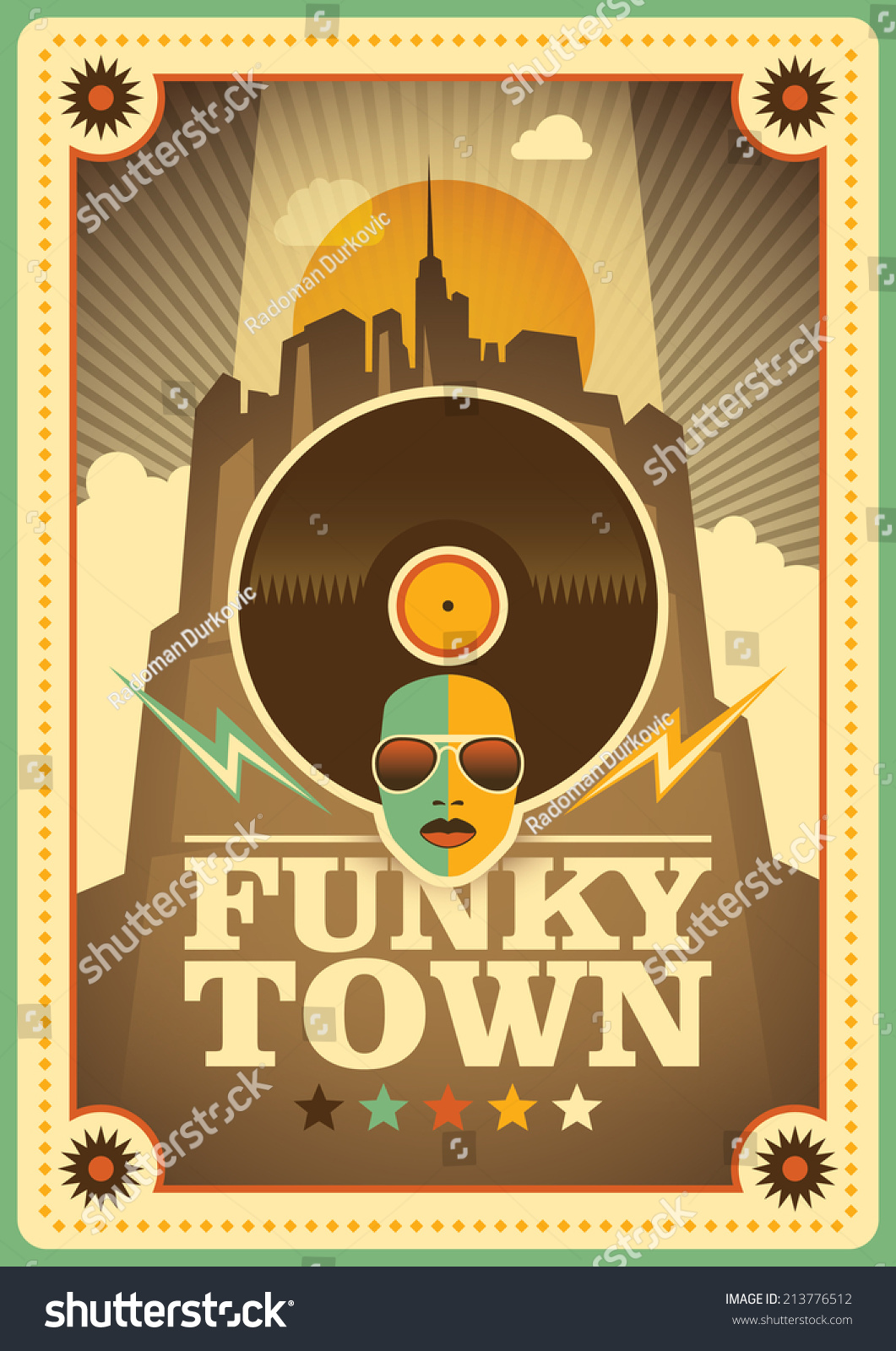 Afiche de la "Ciudad Funky". Ilustración: vector de stock (libre de ...