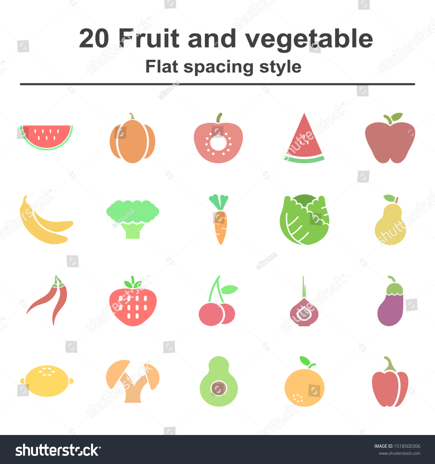 20 Icon Fruit Vegetable Flat Spacing: เวกเตอร์สต็อก (ปลอดค่าลิขสิทธิ์ ...