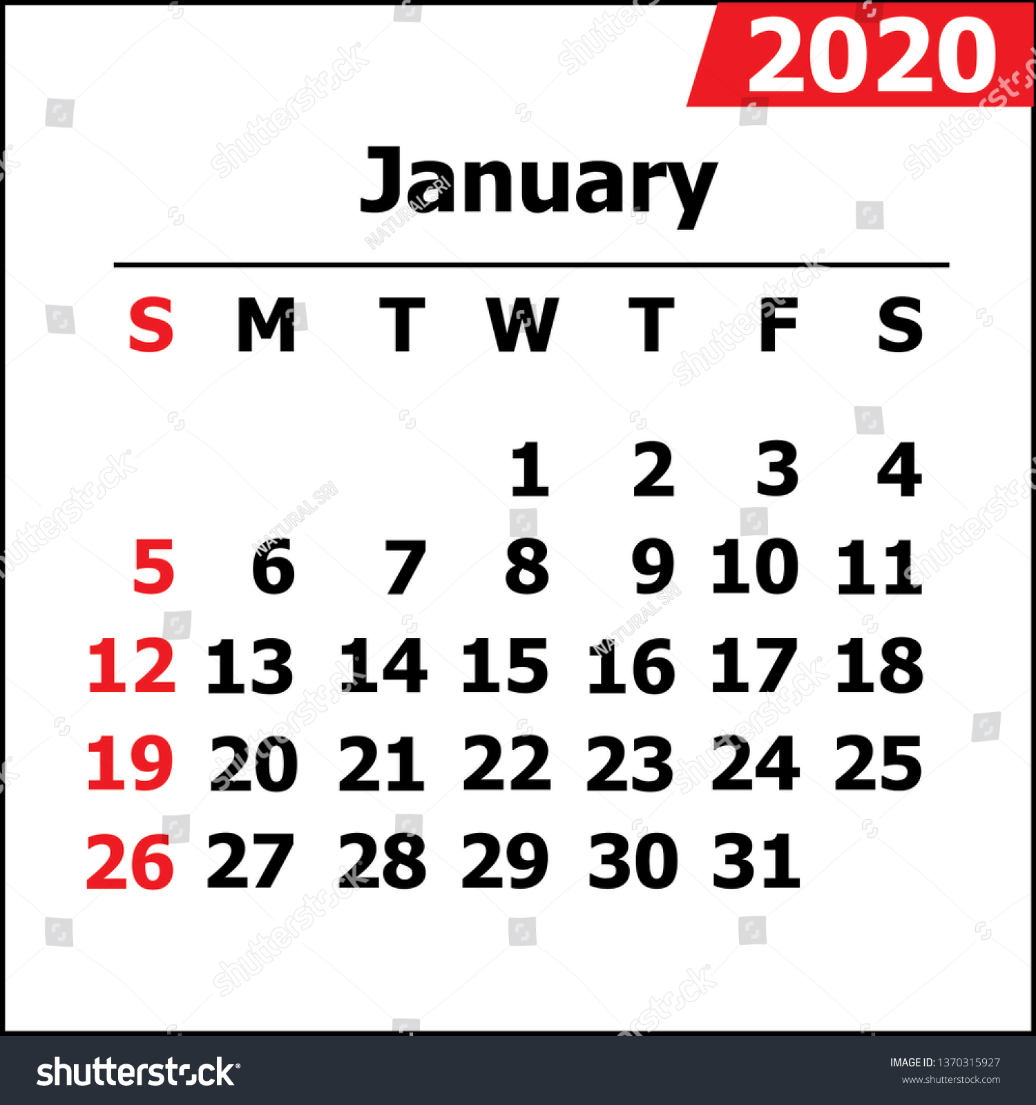 2020 January Month Calendar Template Vector Stock Vector (Royalty Free ...