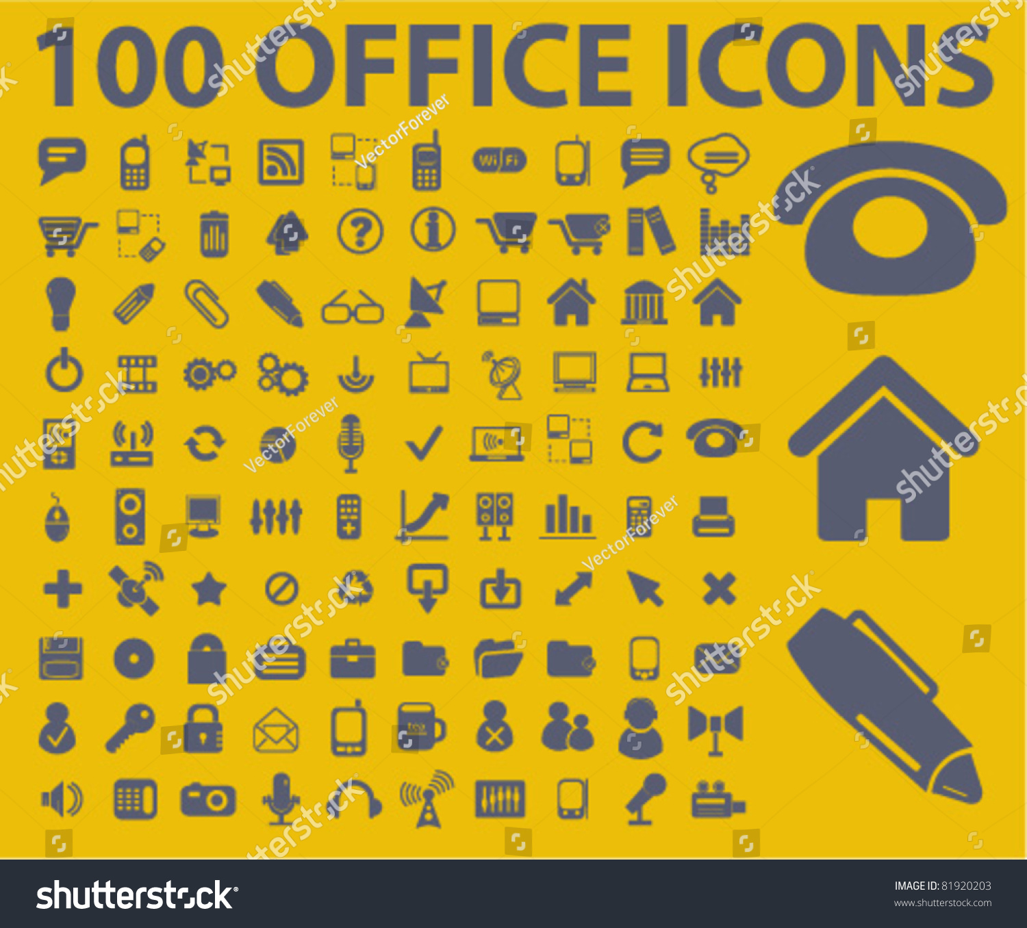100 iconos de oficina, signos, ilustraciones: vector de stock (libre de ...