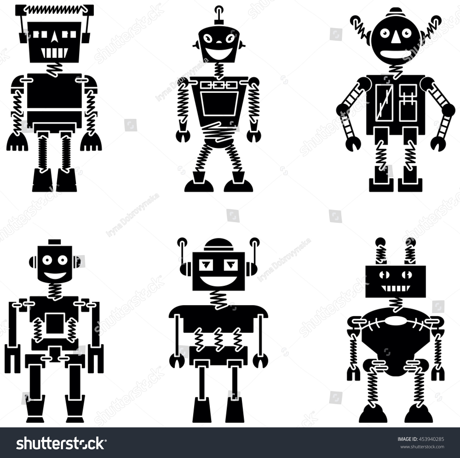 Retro Vector Robots Black Silhouette Set: เวกเตอร์สต็อก (ปลอดค่า ...