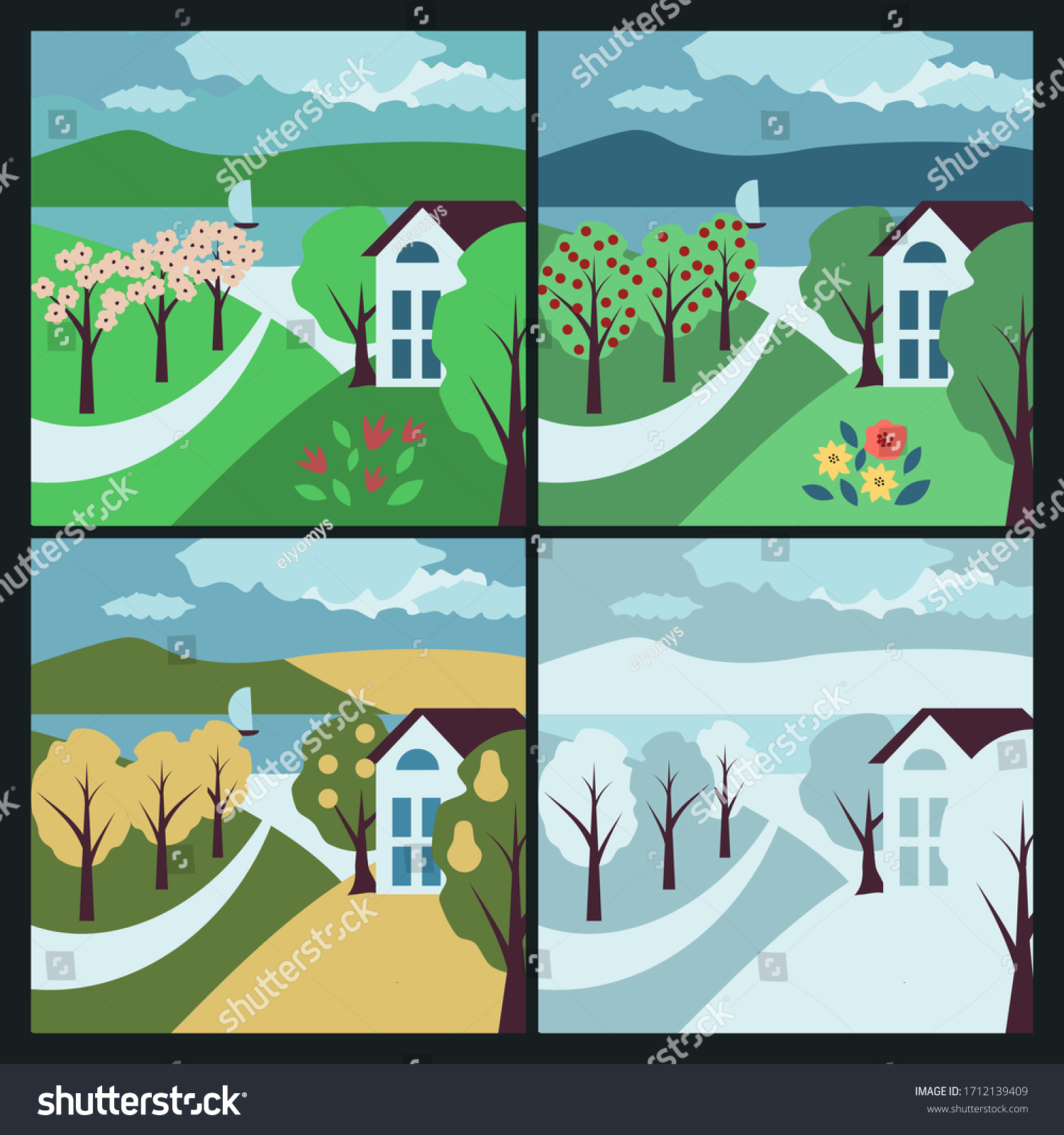 4 Season Landscape Vector Illustrations: เวกเตอร์สต็อก (ปลอดค่า ...