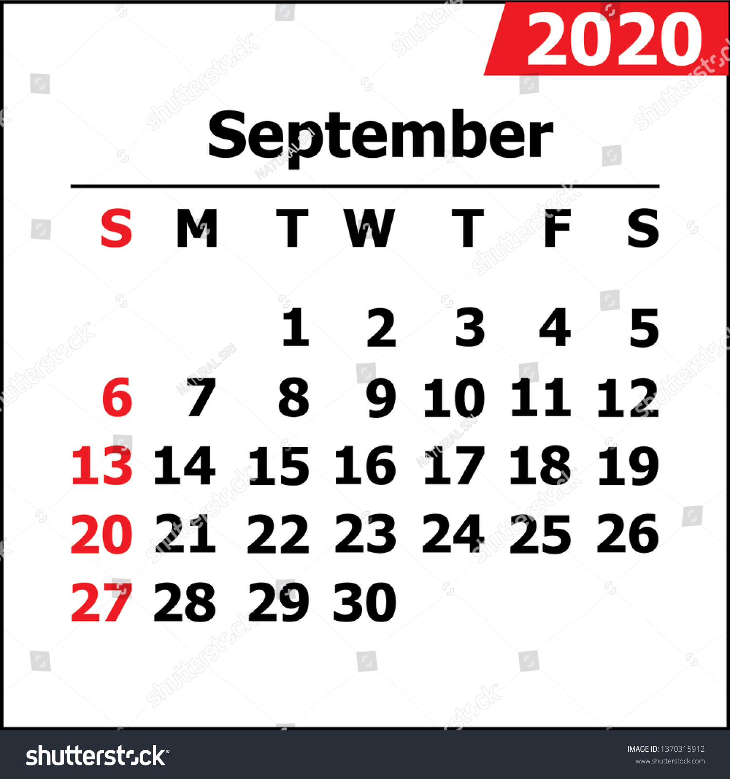 2020 September Month Calendar Template Vector Stock Vector (Royalty ...