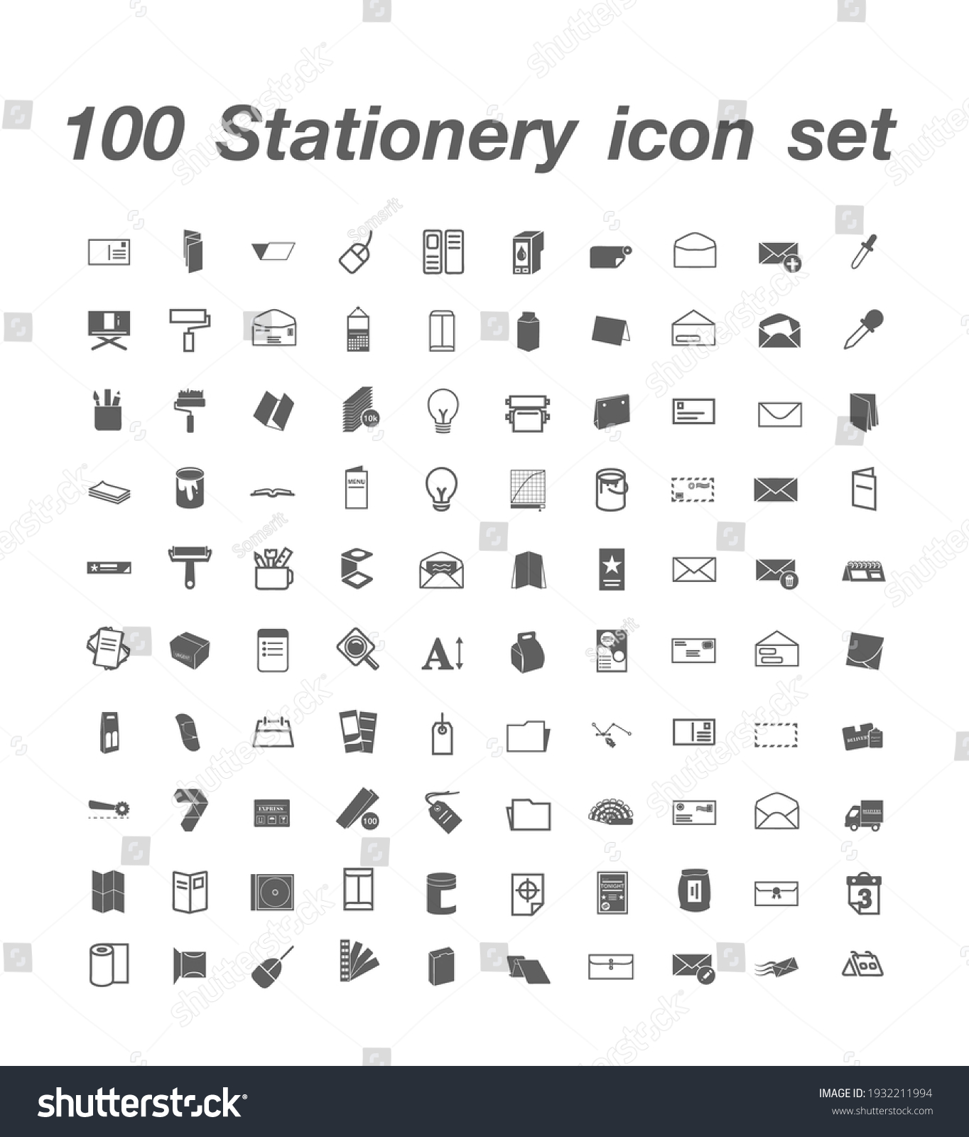 100 Stationery Icon Set Vector Stock Vector (Royalty Free) 1932211994 ...