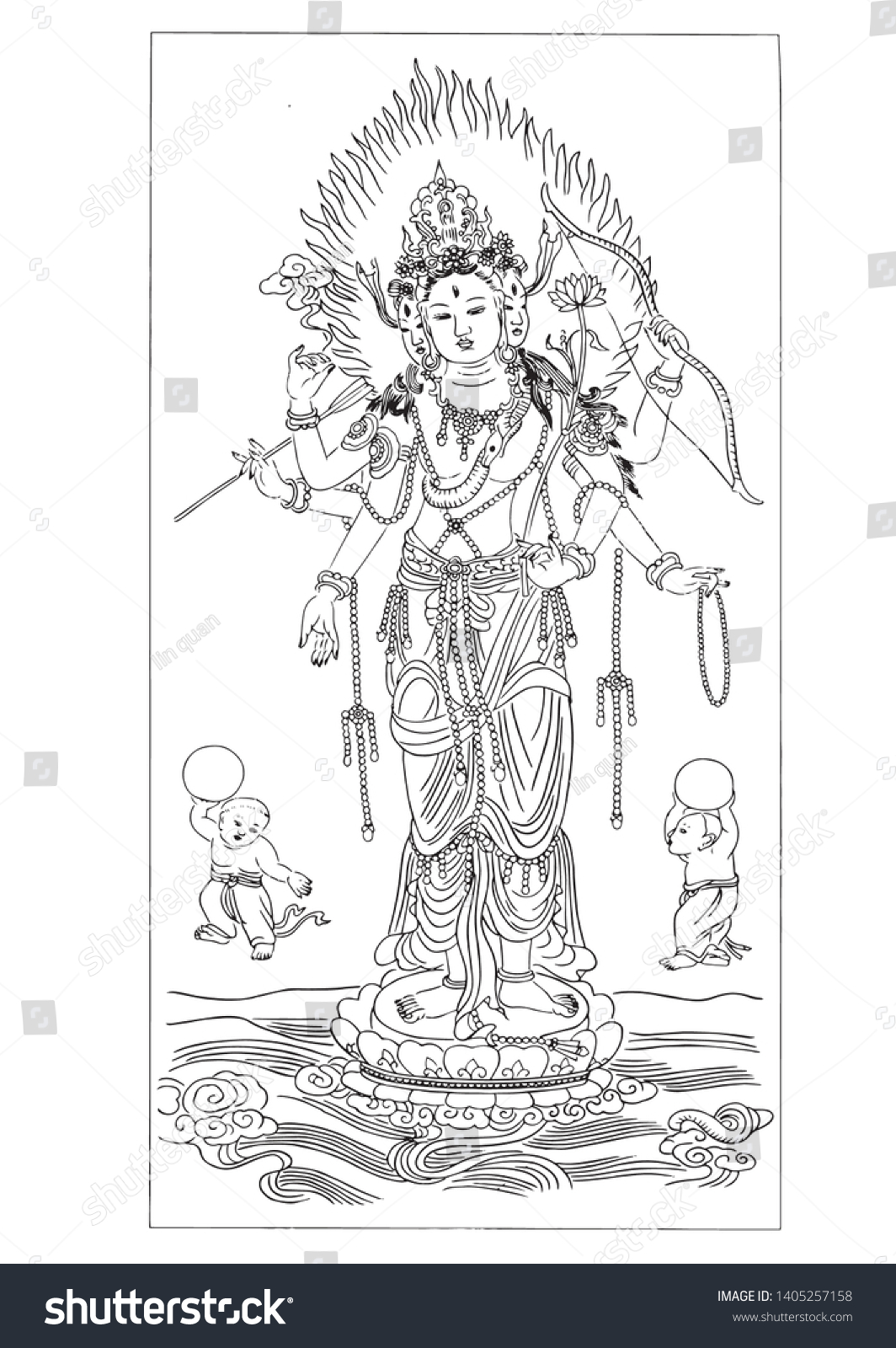 Thousand Hands Guanyin Line Drawing Vector 库存矢量图（免版税）1405257158 ...