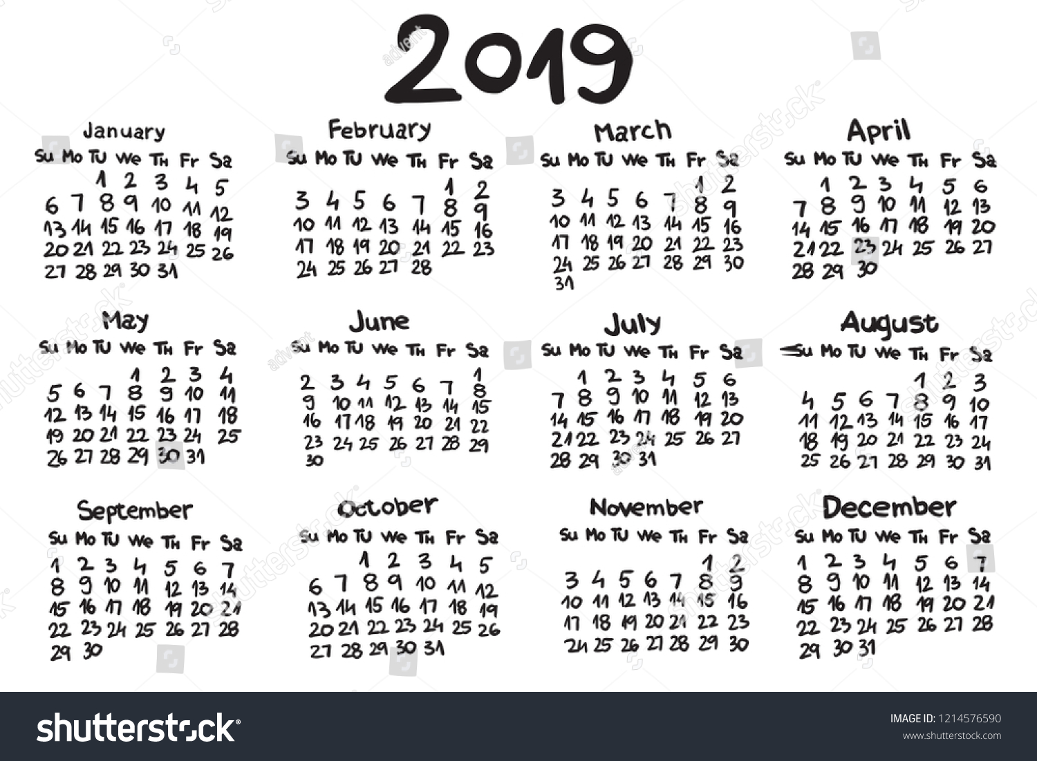 2019 Year Calendar Stock Vector (Royalty Free) 1214576590 | Shutterstock