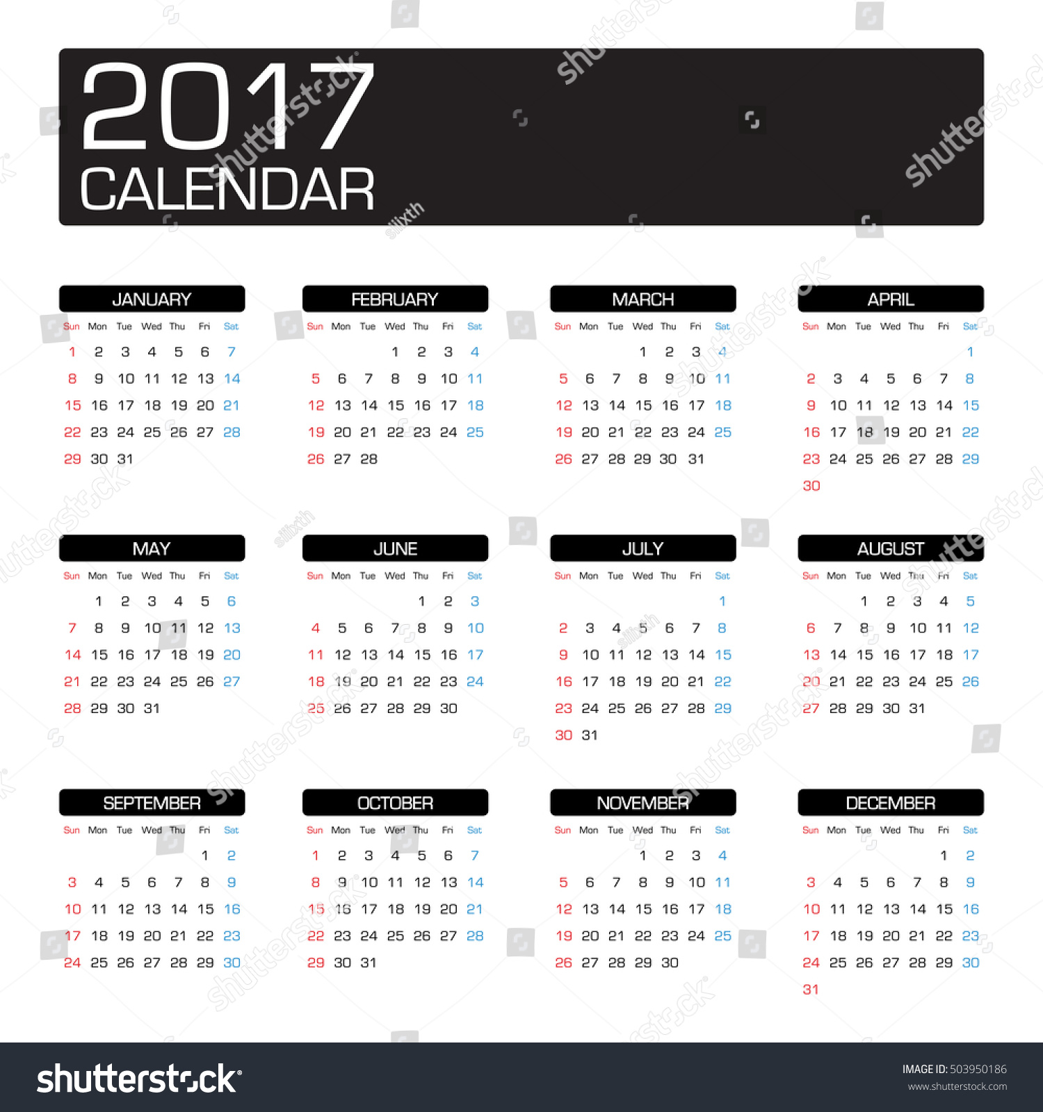 2017 Year Calendar Template Stock Vector (Royalty Free) 503950186 ...