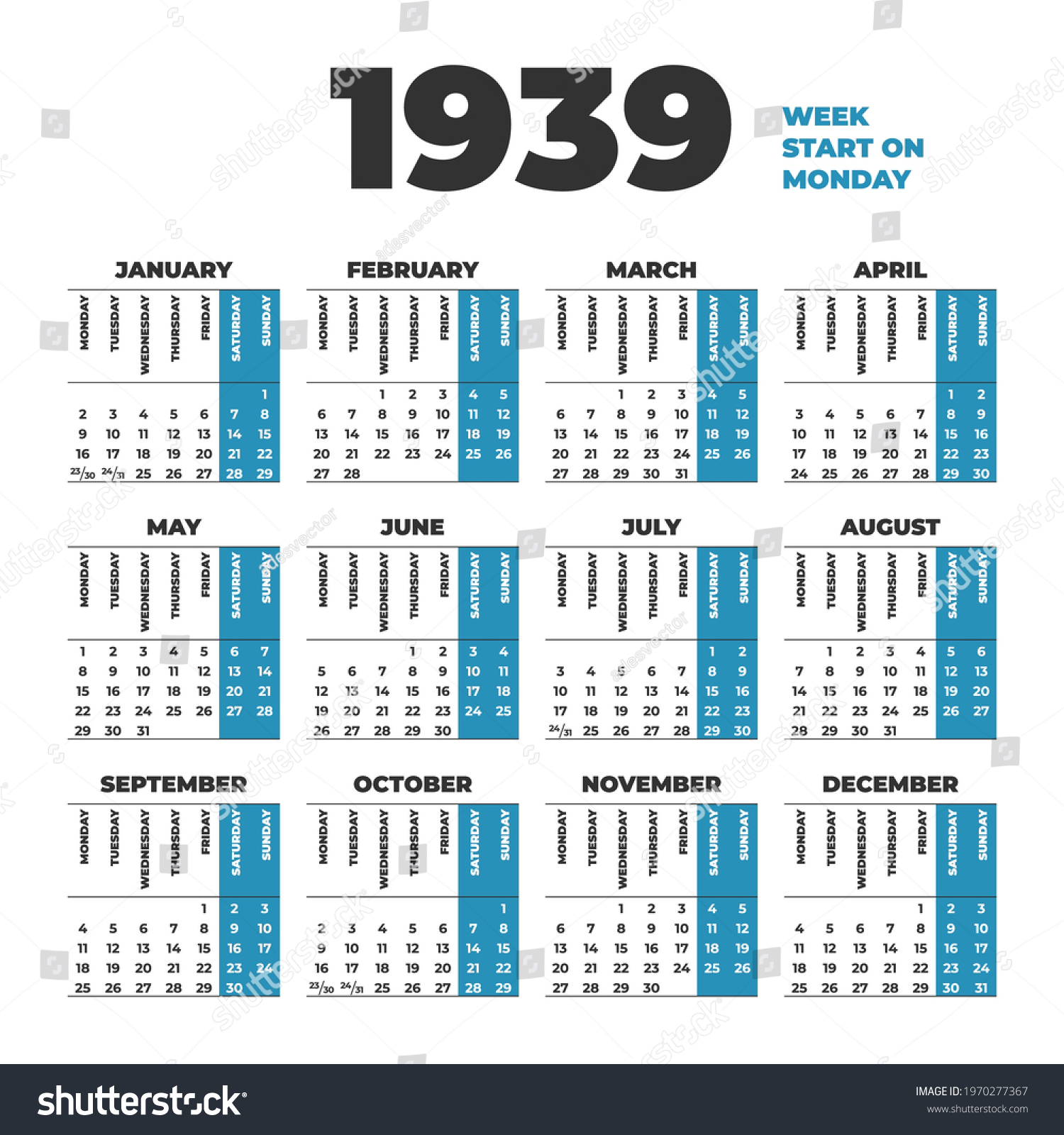 1939 Year Vector Calendar Template Weeks: เวกเตอร์สต็อก (ปลอดค่า ...