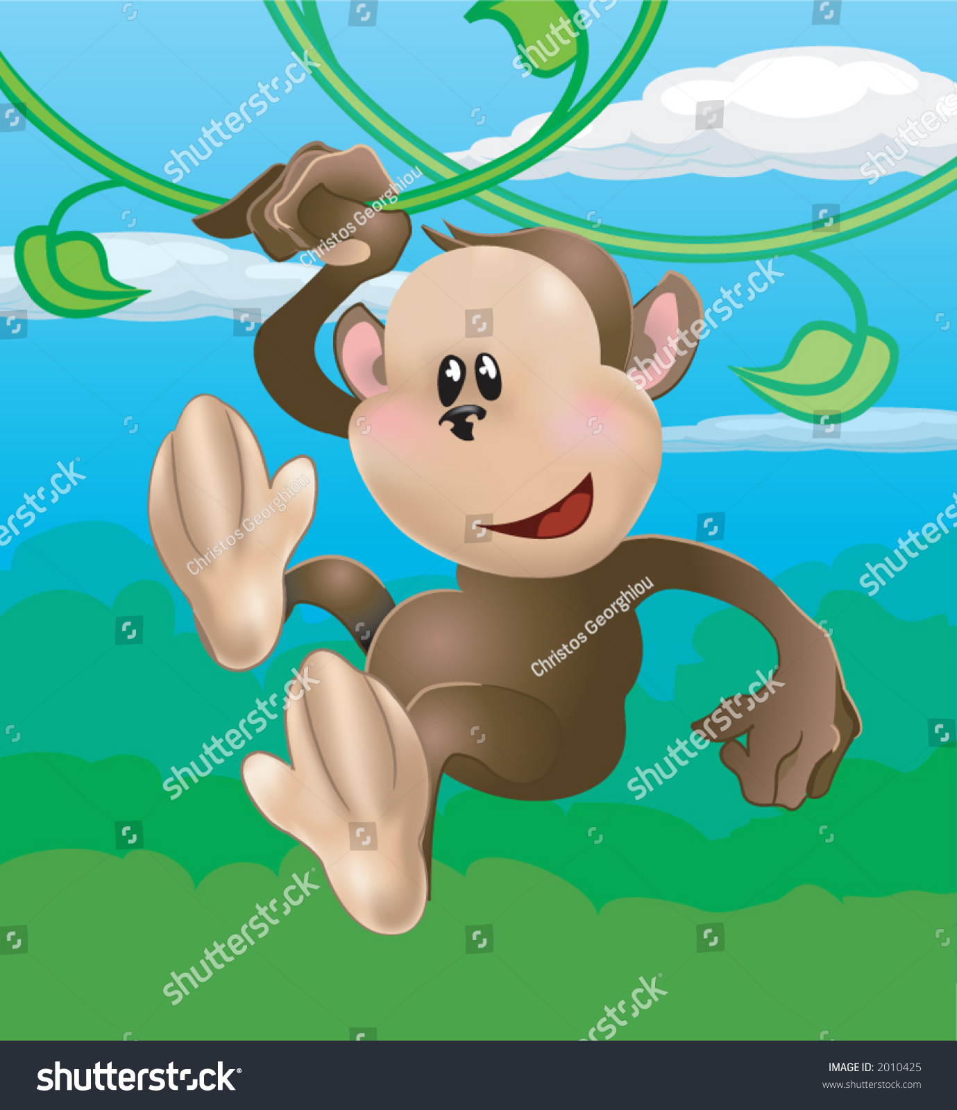 Cute Monkey Swinging Through Trees Stock Vector (Royalty Free) 2010425