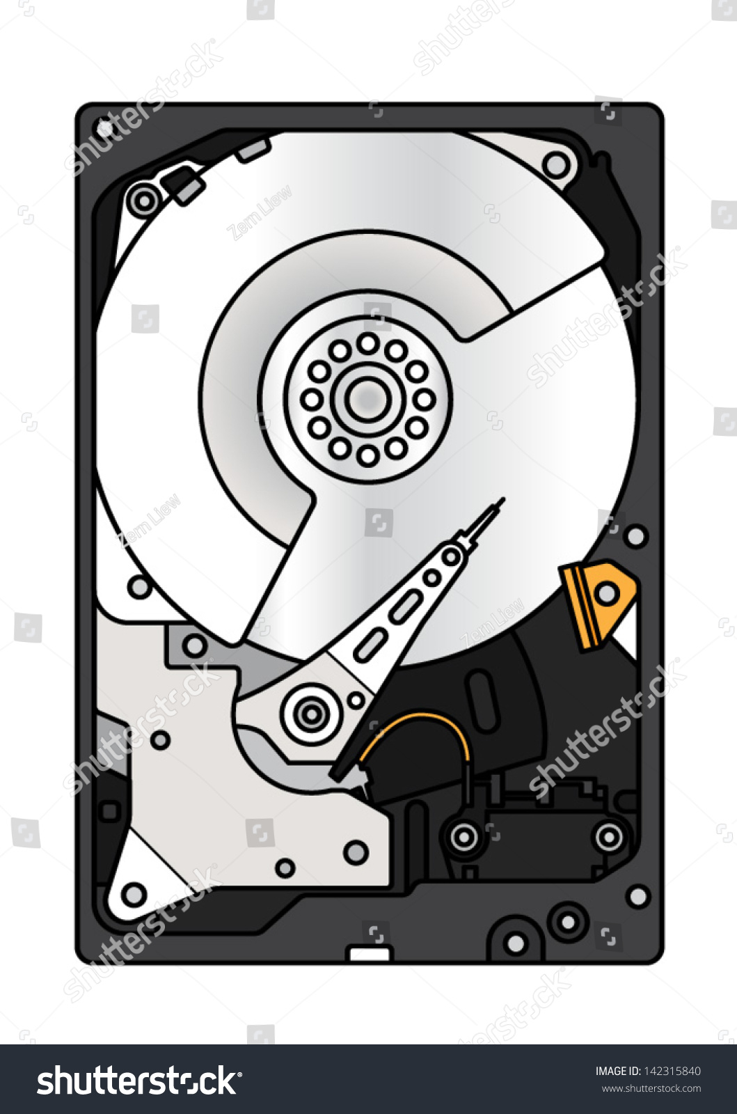 A Hard Disk Drive (Hdd) With Exposed Innards. Top Down Flat View. Stock ...
