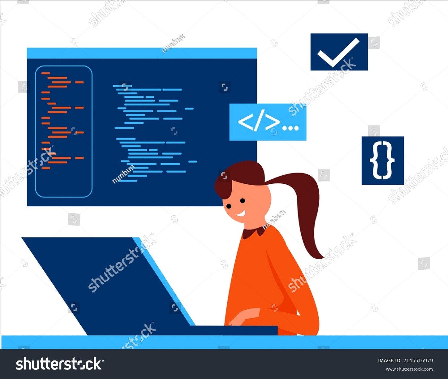 Small Happy Girl Learning Programming Language Stock Vector (Royalty ...