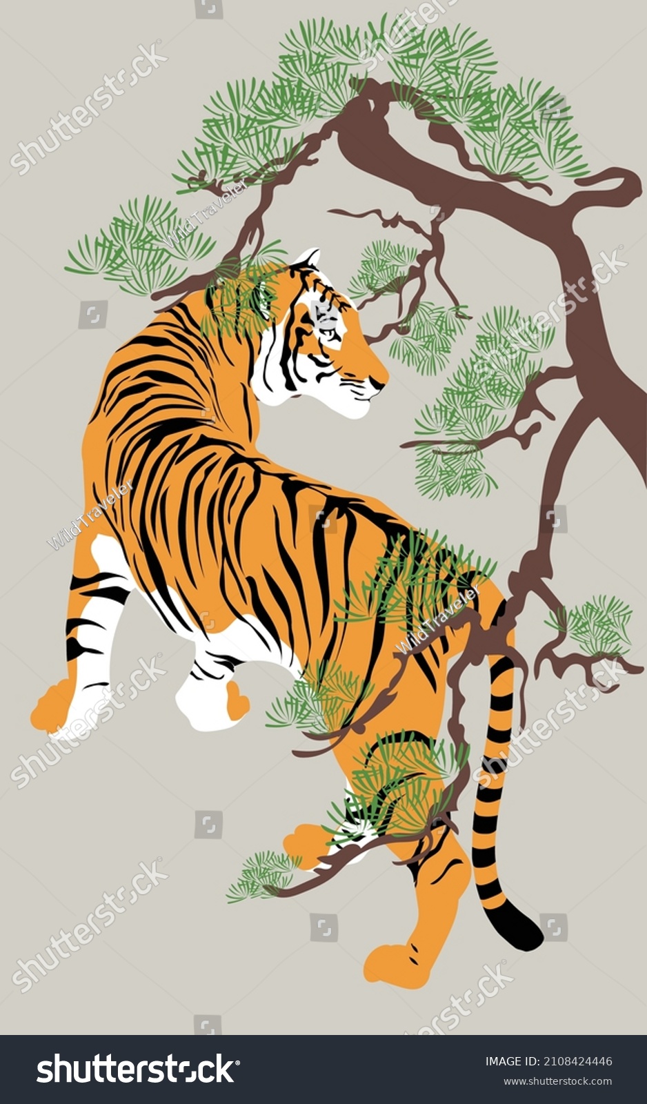 Tiger Walking Among Pine Trees Stock Vector (Royalty Free) 2108424446