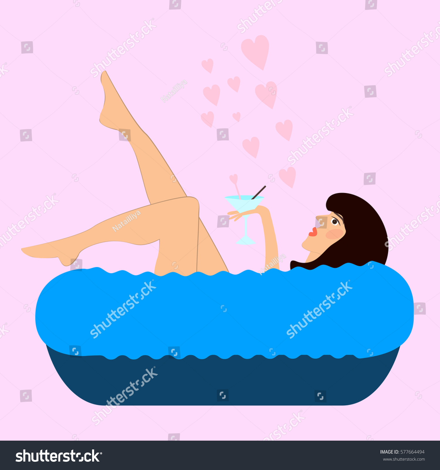 Woman Taking Bath Foam Hearts Around Stock Vector Royalty Free