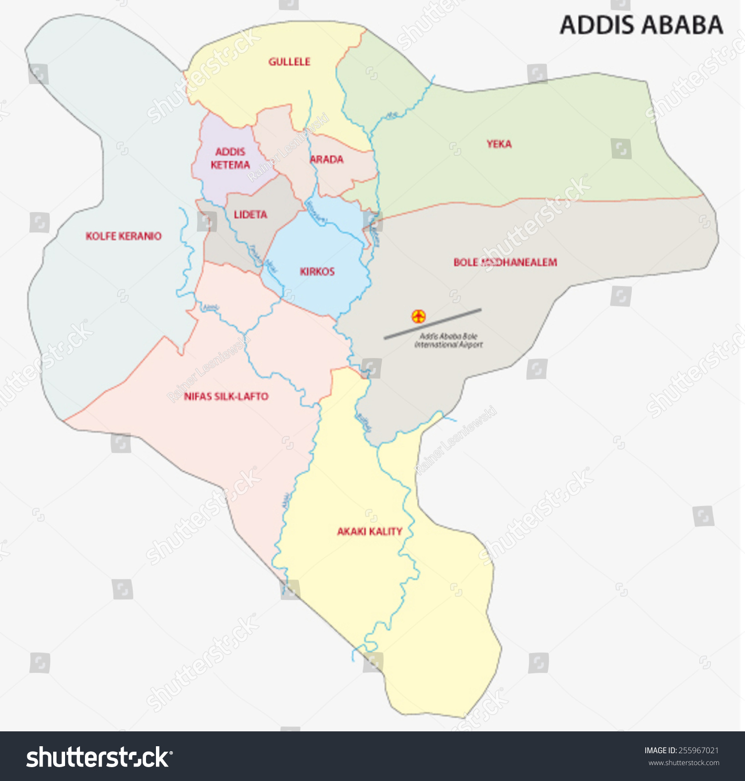 Addis Ababa Administrative Map Stock Vector 255967021 - Shutterstock