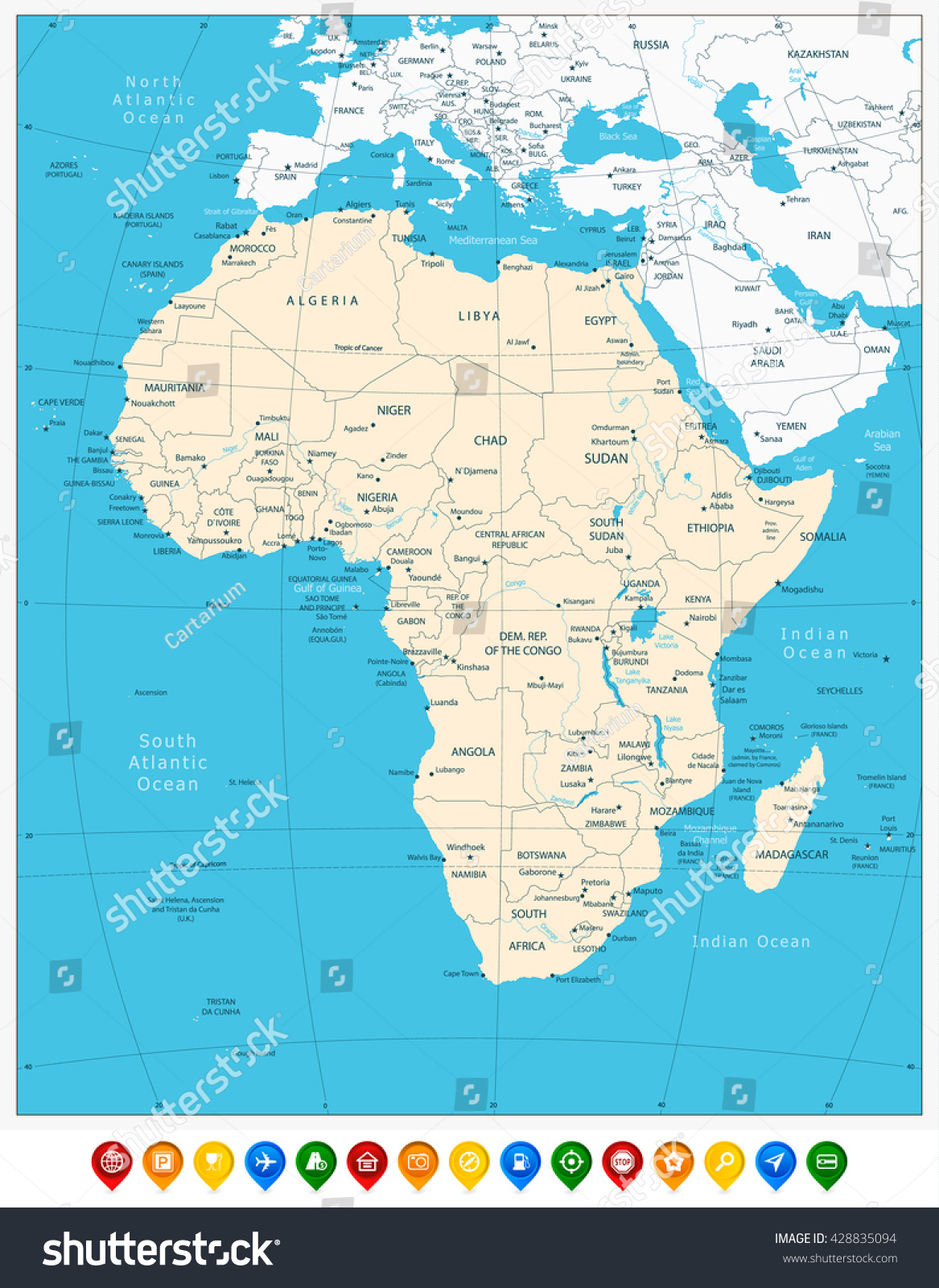 Vektor Stok Africa Highly Detailed Map Colored Map (Tanpa Royalti ...