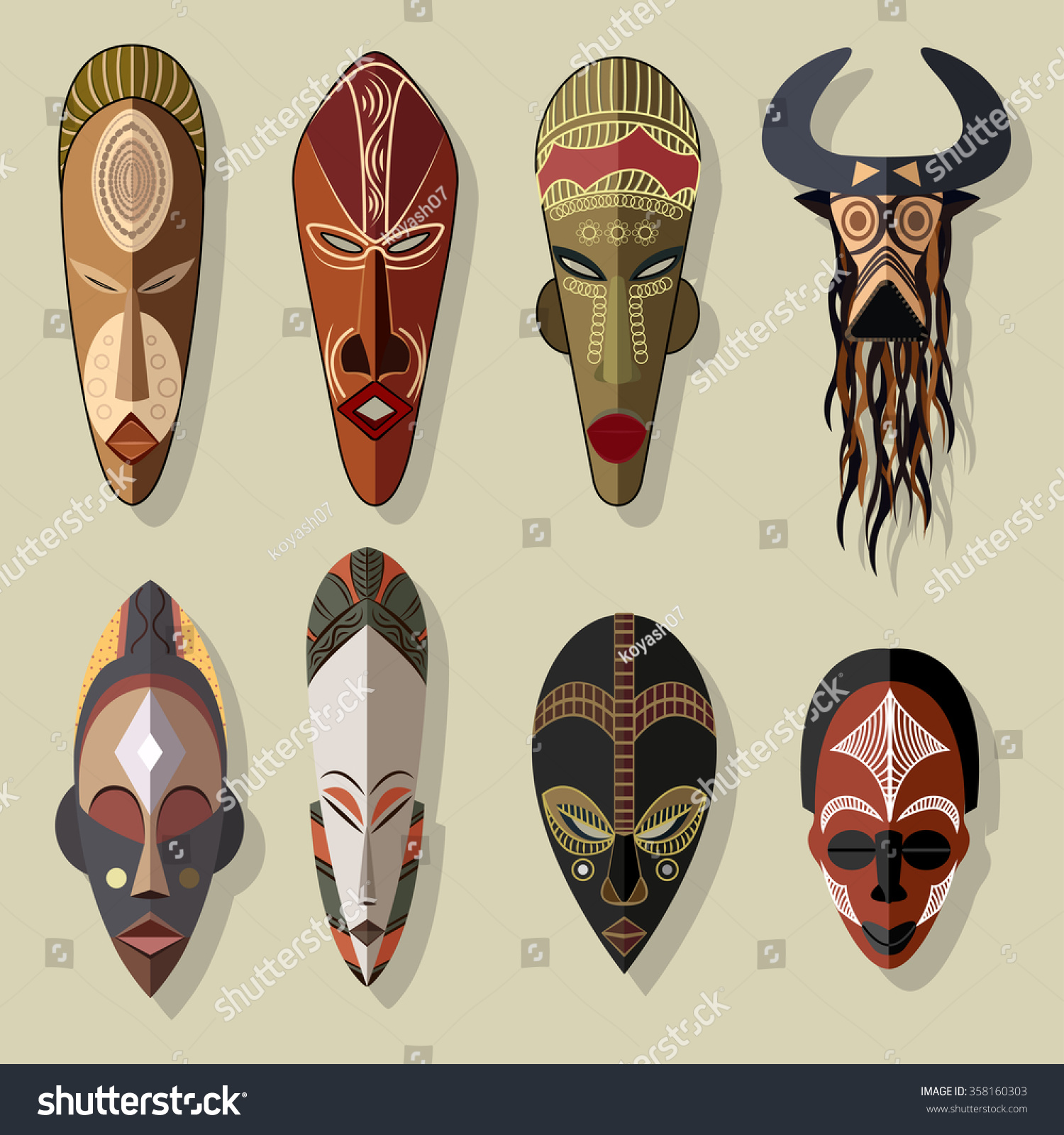 African Masks Set: เวกเตอร์สต็อก (ปลอดค่าลิขสิทธิ์) 358160303 ...