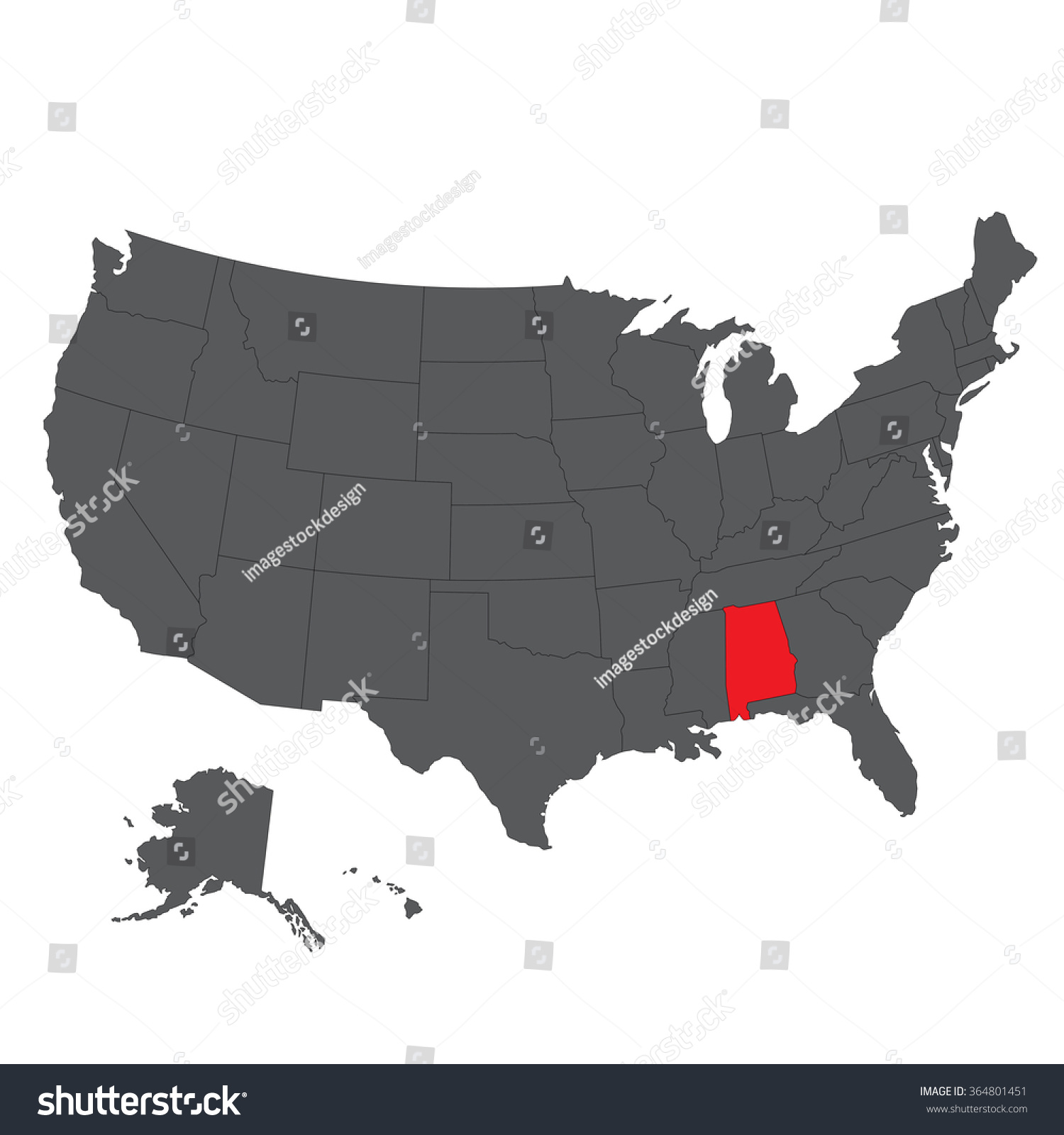 Alabama Red Map On Gray Usa Stock Vector (Royalty Free) 364801451 ...