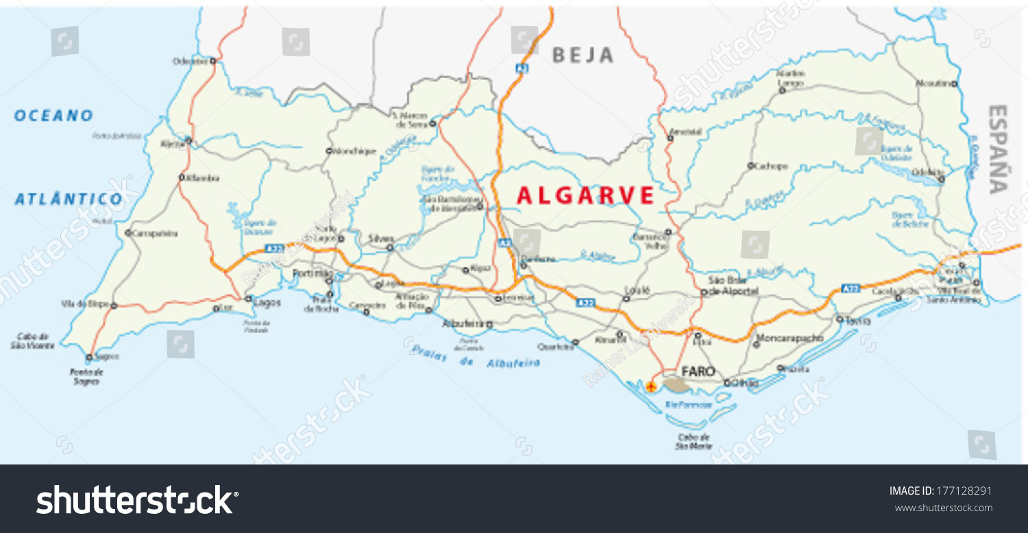 Algarve Road Map Stock Vector 177128291 - Shutterstock