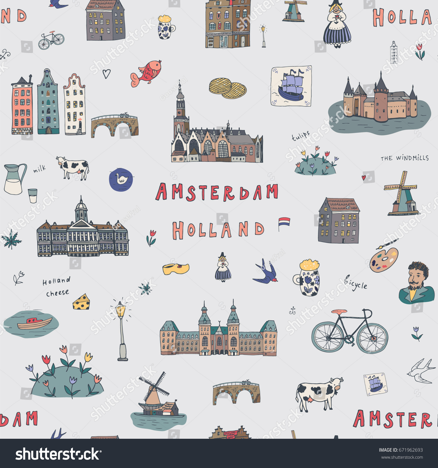 Amsterdam Holland City Doodle Objects Cartoon : image vectorielle de ...